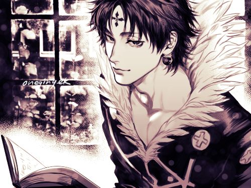 Safebooru - 1boy bangs book chrollo lucilfer closed mouth coat ear ...