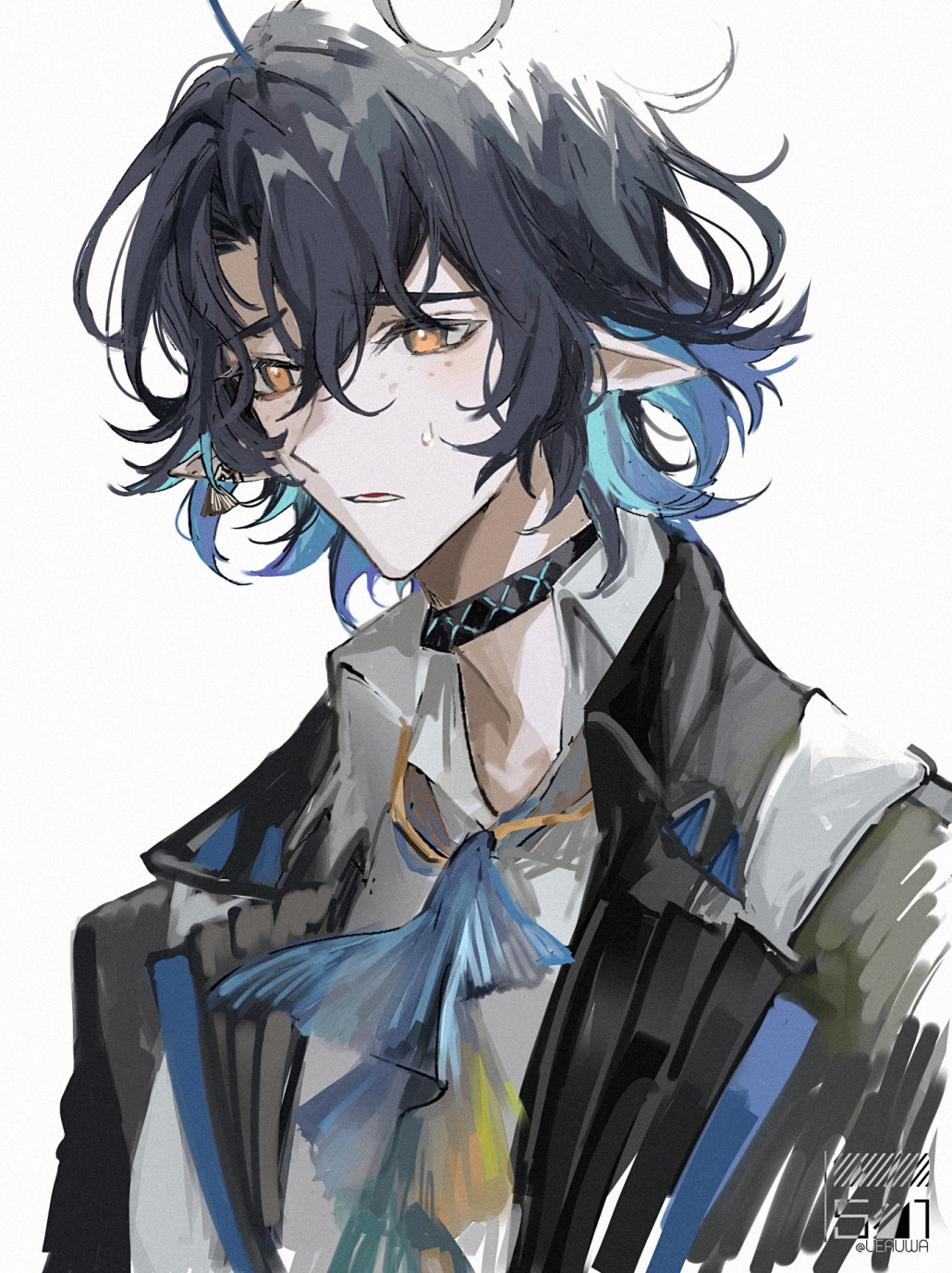 Safebooru - 1boy aqua hair arknights ascot bangs black coat black hair blue ascot coat ...