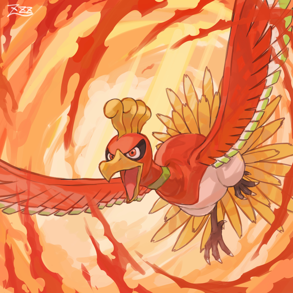 Safebooru - beak bird commentary request fire ho-oh no humans open ...