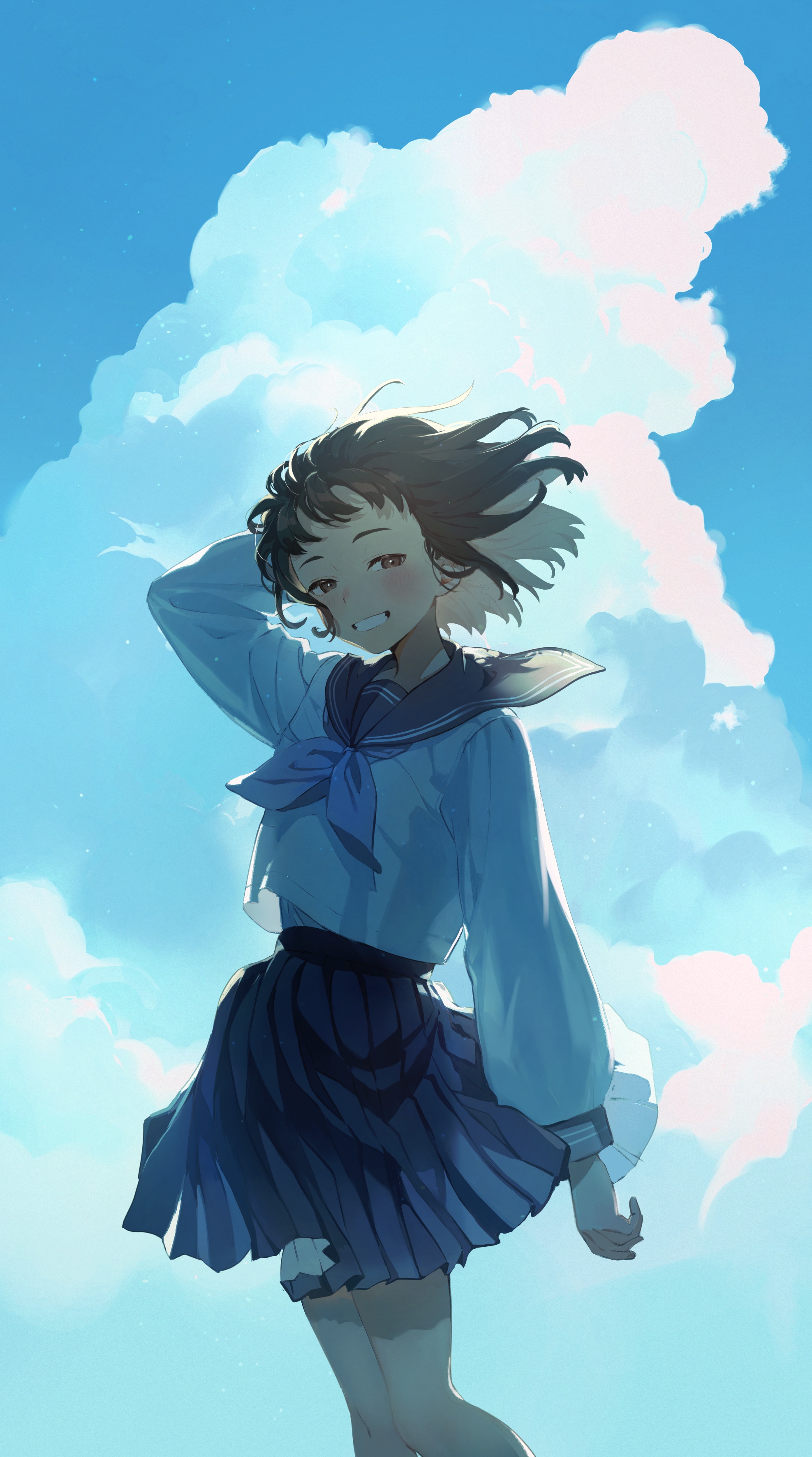 Safebooru - 1girl absurdres arm behind head bangs black sailor collar blue background blue bow ...