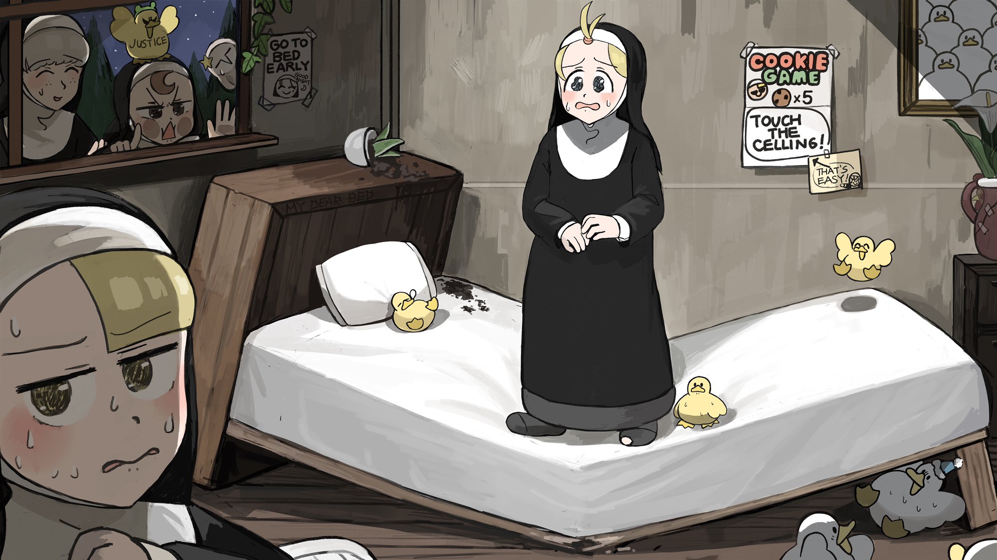 Safebooru - 4girls :d ^ ^ against glass against window animal on head ...