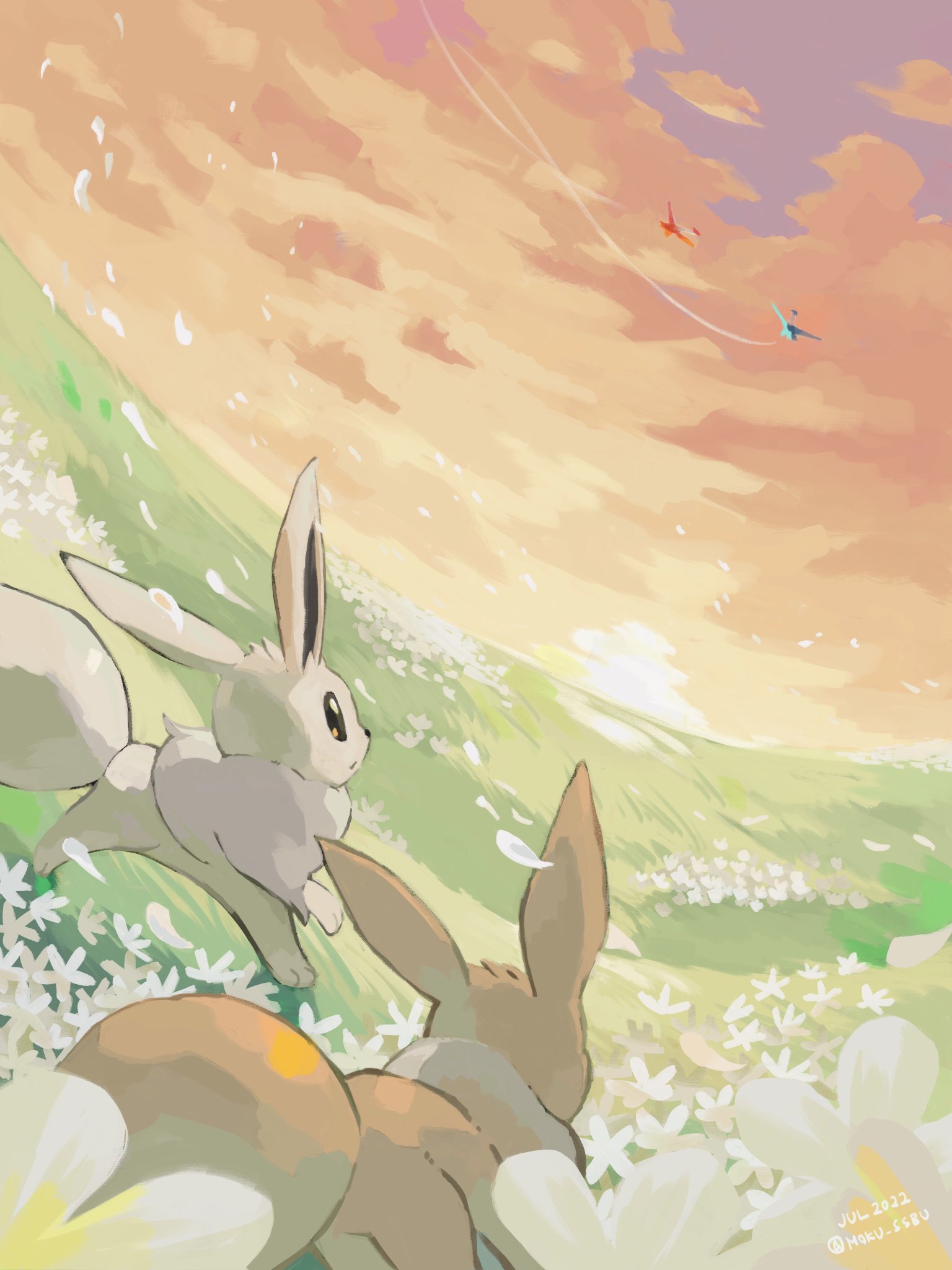 Safebooru - alternate color brown eyes closed mouth clouds eevee falling petals flower flying ...