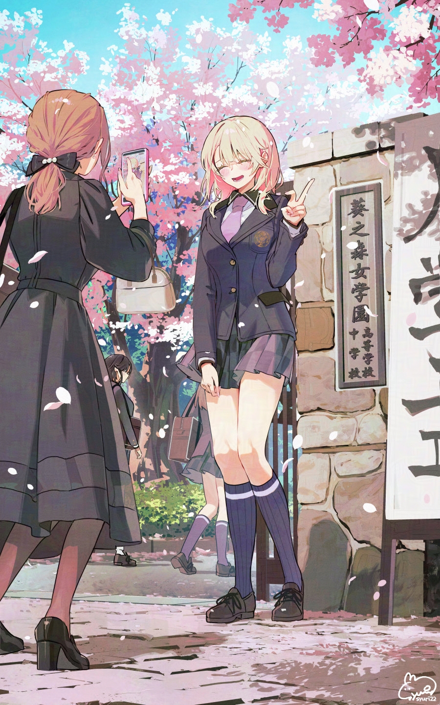 Safebooru - 4girls black hair blazer blonde hair brown hair cellphone ...