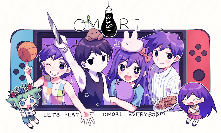 Safebooru - + + 2girls 4boys animal on head aubrey (omori) bangs basil ...