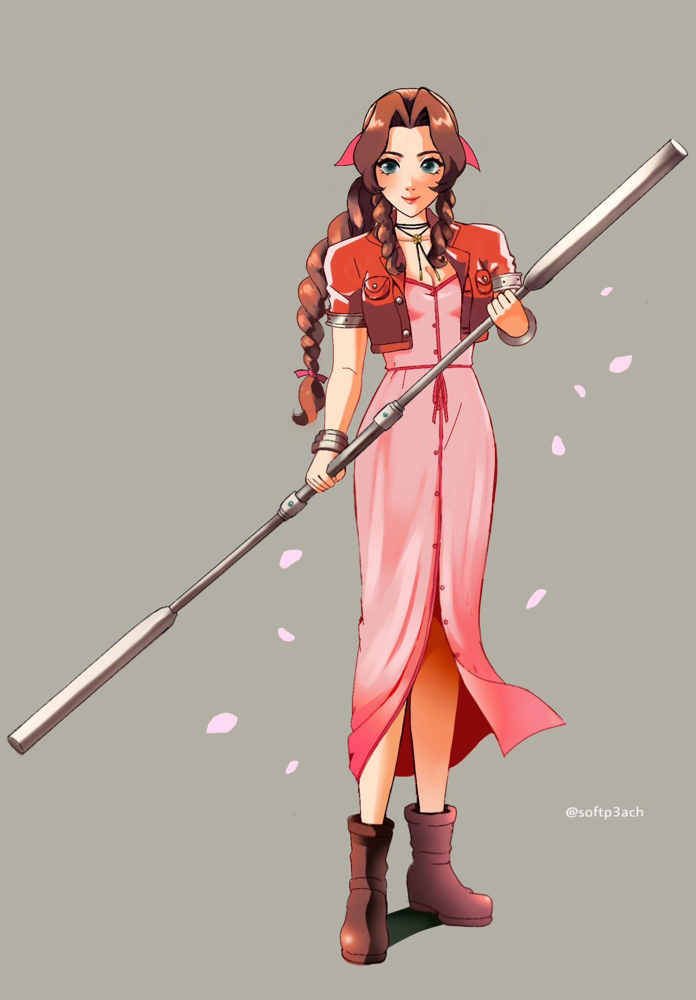 Safebooru - 1girl aerith gainsborough bangle bangs boots bracelet braid braided ponytail breasts ...