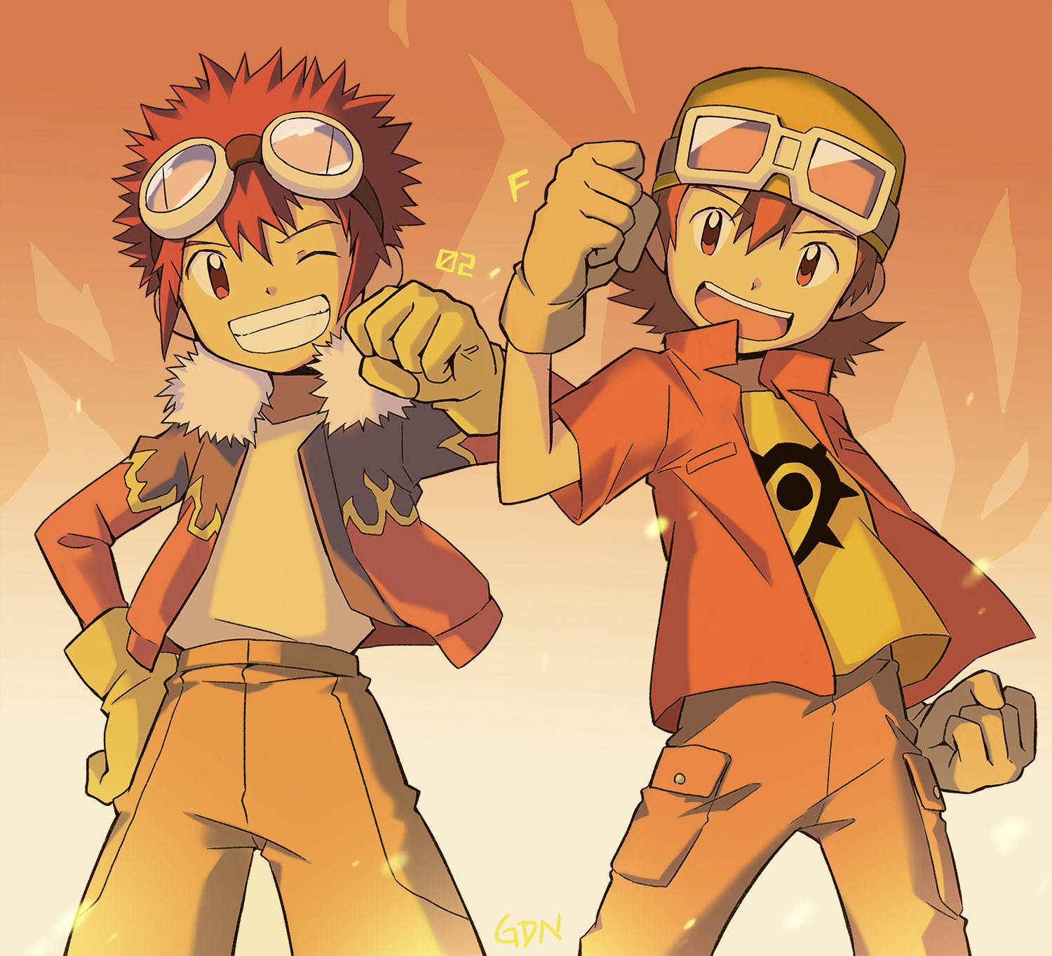 Safebooru - 2boys bangs child commentary request cowboy shot digimon ...