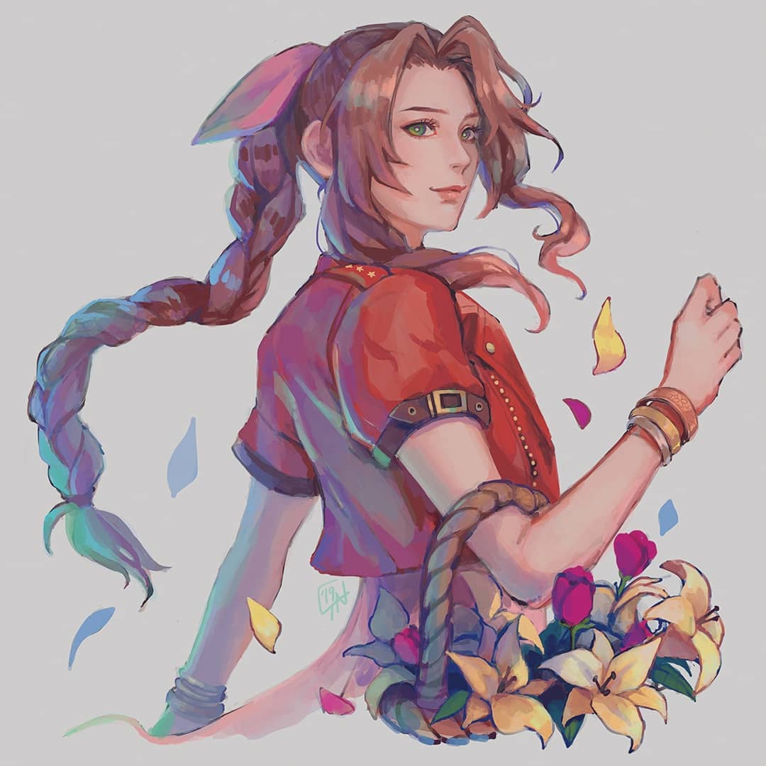 Safebooru - 1girl aerith gainsborough arm up bangle bangs bracelet braid braided ponytail brown ...
