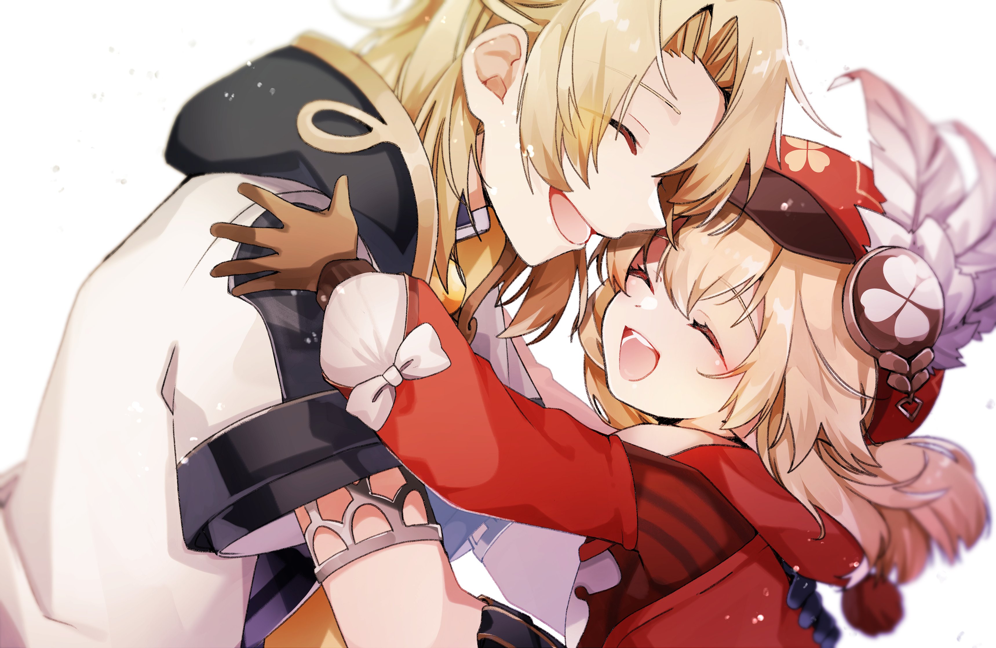 Safebooru - 1boy 1girl :d ^ ^ absurdres albedo (genshin impact) bangs blonde hair blue gloves ...