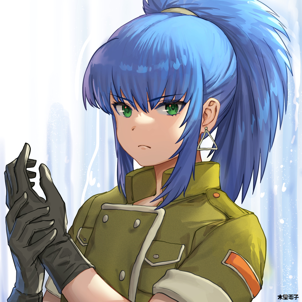 Safebooru - 1girl adjusting clothes adjusting gloves bangs black gloves blue hair earrings ...
