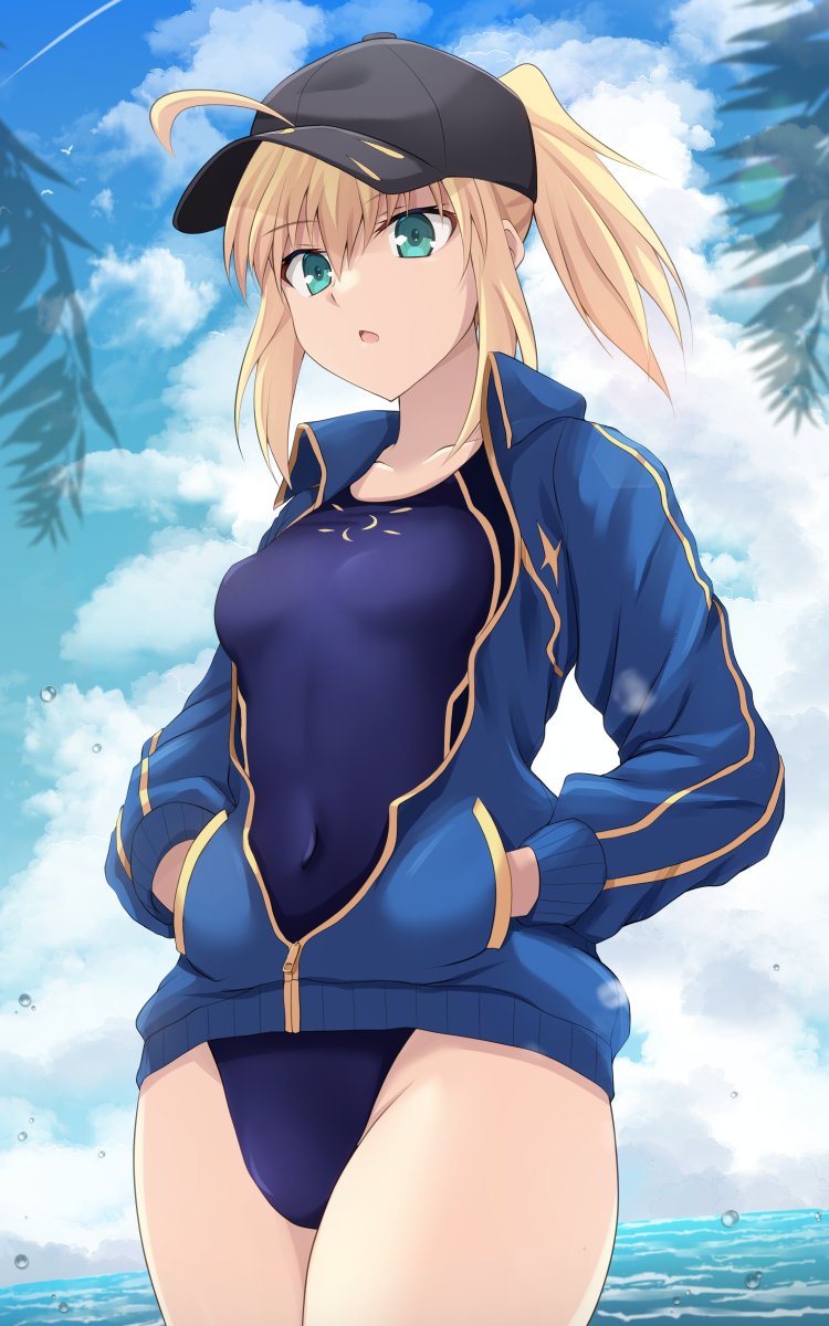 Safebooru - 1girl artoria pendragon (fate) baseball cap blonde hair blue jacket blue swimsuit ...
