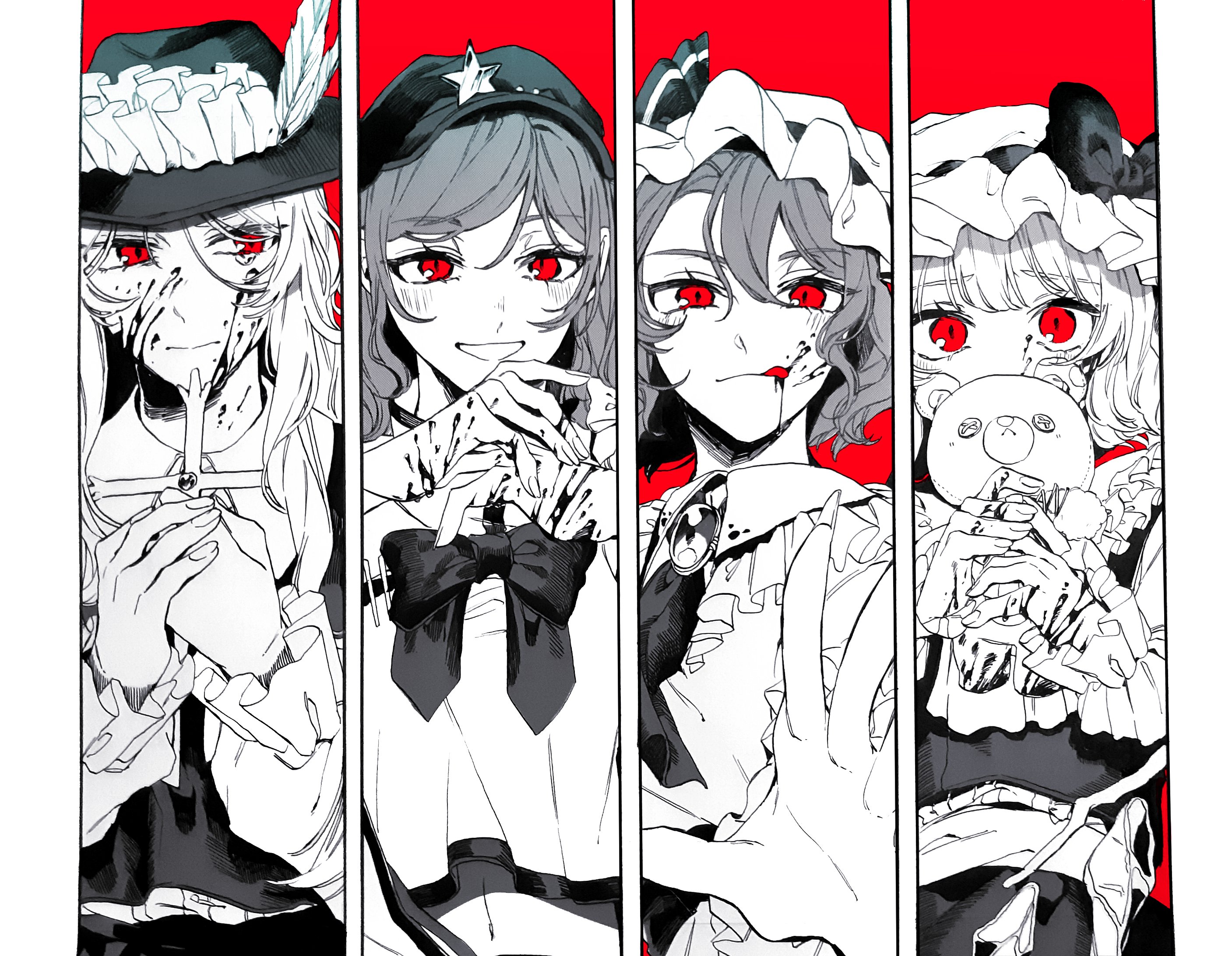 Safebooru - 4girls border commentary cross flandre scarlet hat highres ...