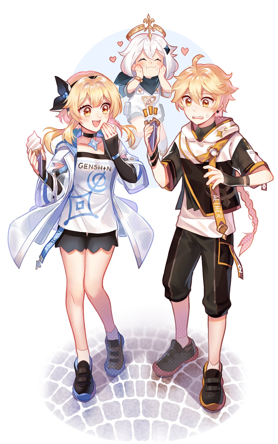 Safebooru - 1boy 2girls aether (genshin impact) ahoge black footwear blonde hair braid food ...