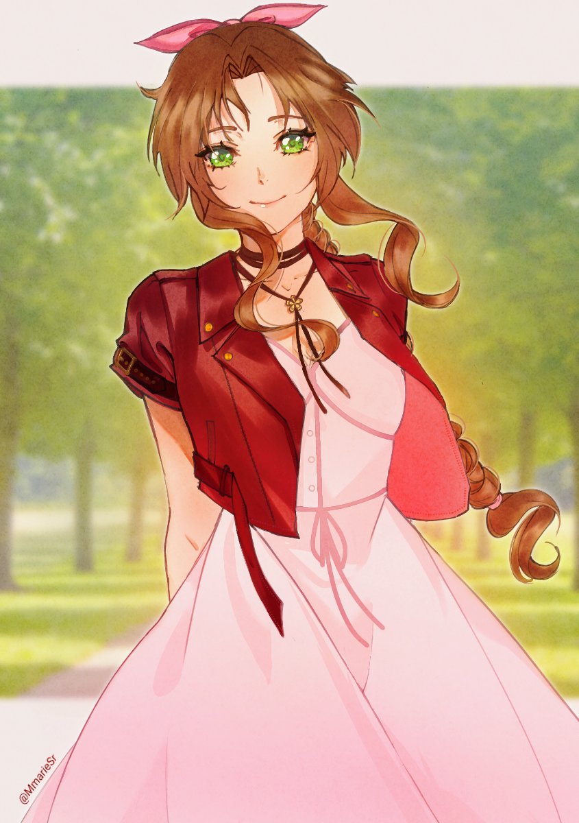 Safebooru - 1girl aerith gainsborough arms behind back bangs braid braided ponytail breasts ...