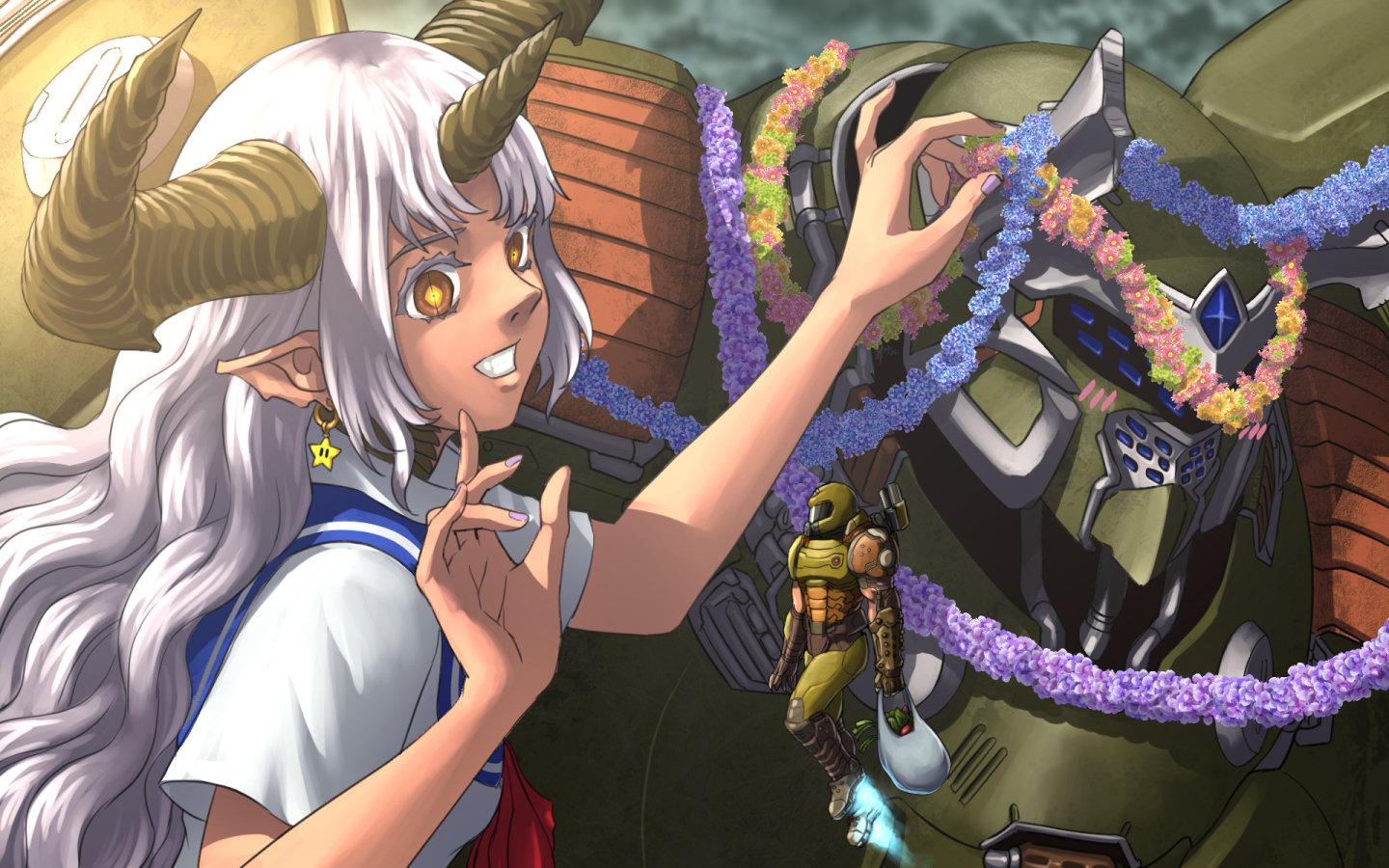 Safebooru - 1boy 1girl animification armor atlan (doom eternal) bag ...