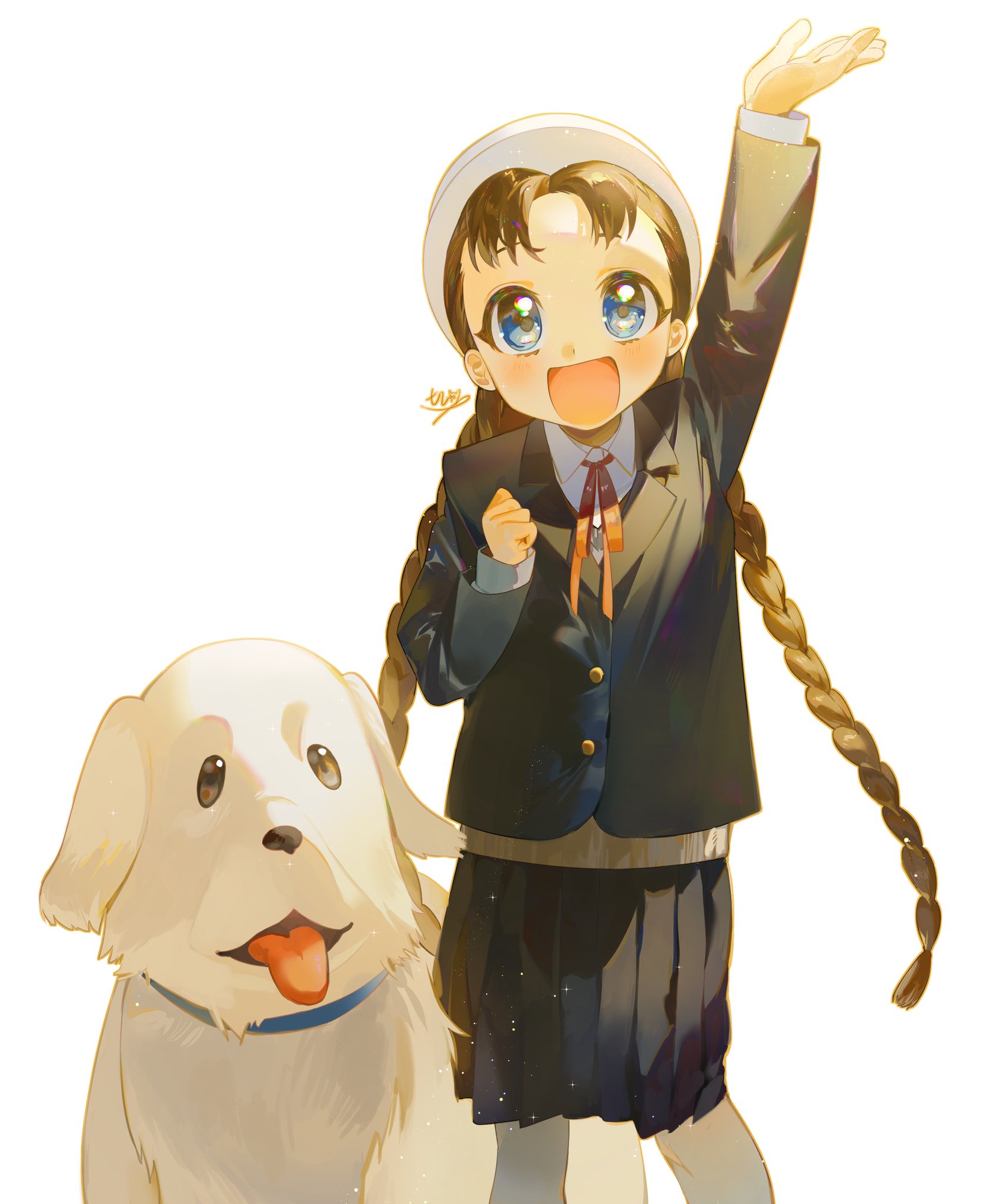 Safebooru - 1girl :d alexander (fma) alternate universe animal arm up ...