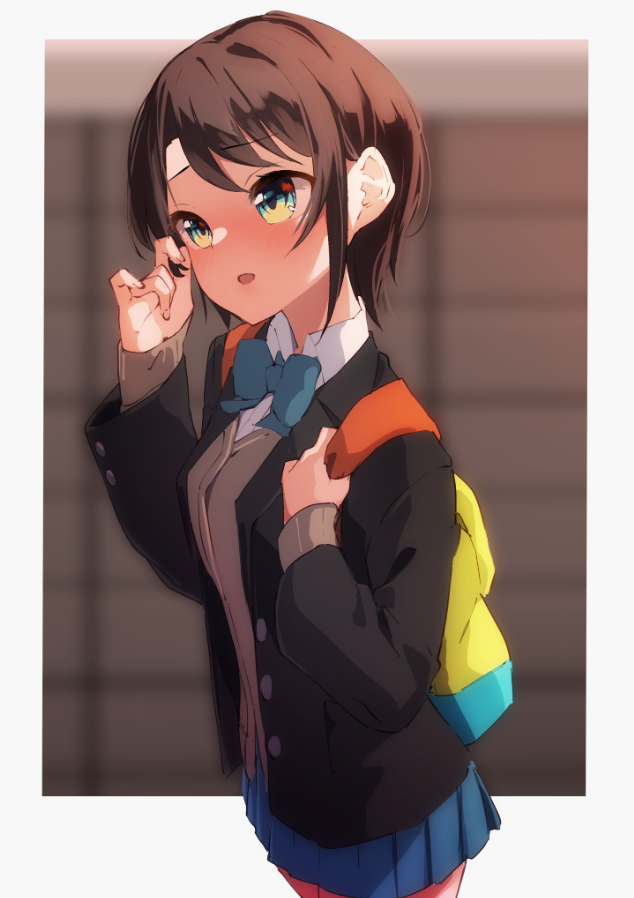 Safebooru - 1girl aqua bow aqua bowtie aqua eyes backpack bag bangs black jacket blue skirt ...