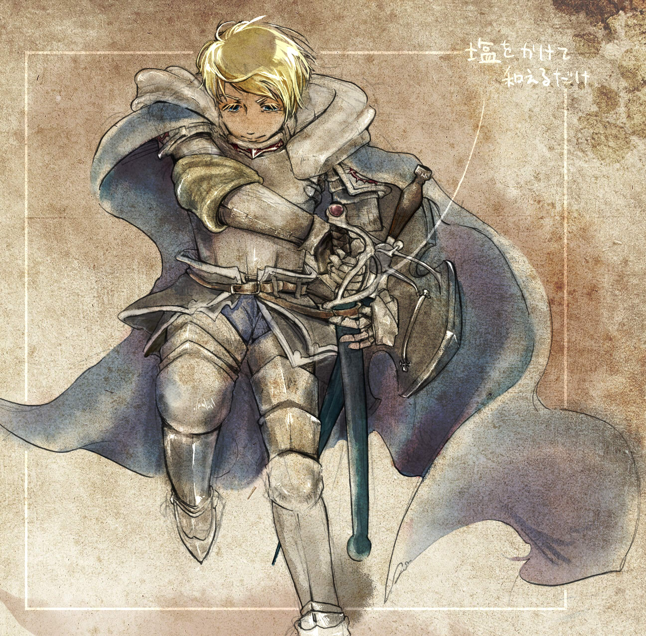 Safebooru - 1boy armor armored boots bangs blonde hair blue cape blue eyes boots breastplate ...