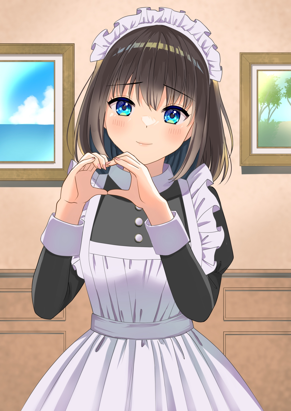 Safebooru - 1girl apron bangs black dress blue eyes blush bob cut brown hair closed mouth dress ...