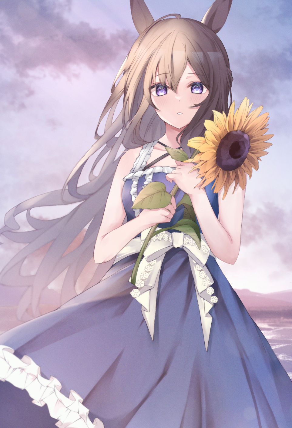 Safebooru - 1girl ahoge animal ears bangs bare arms bare shoulders blue dress blush breasts ...