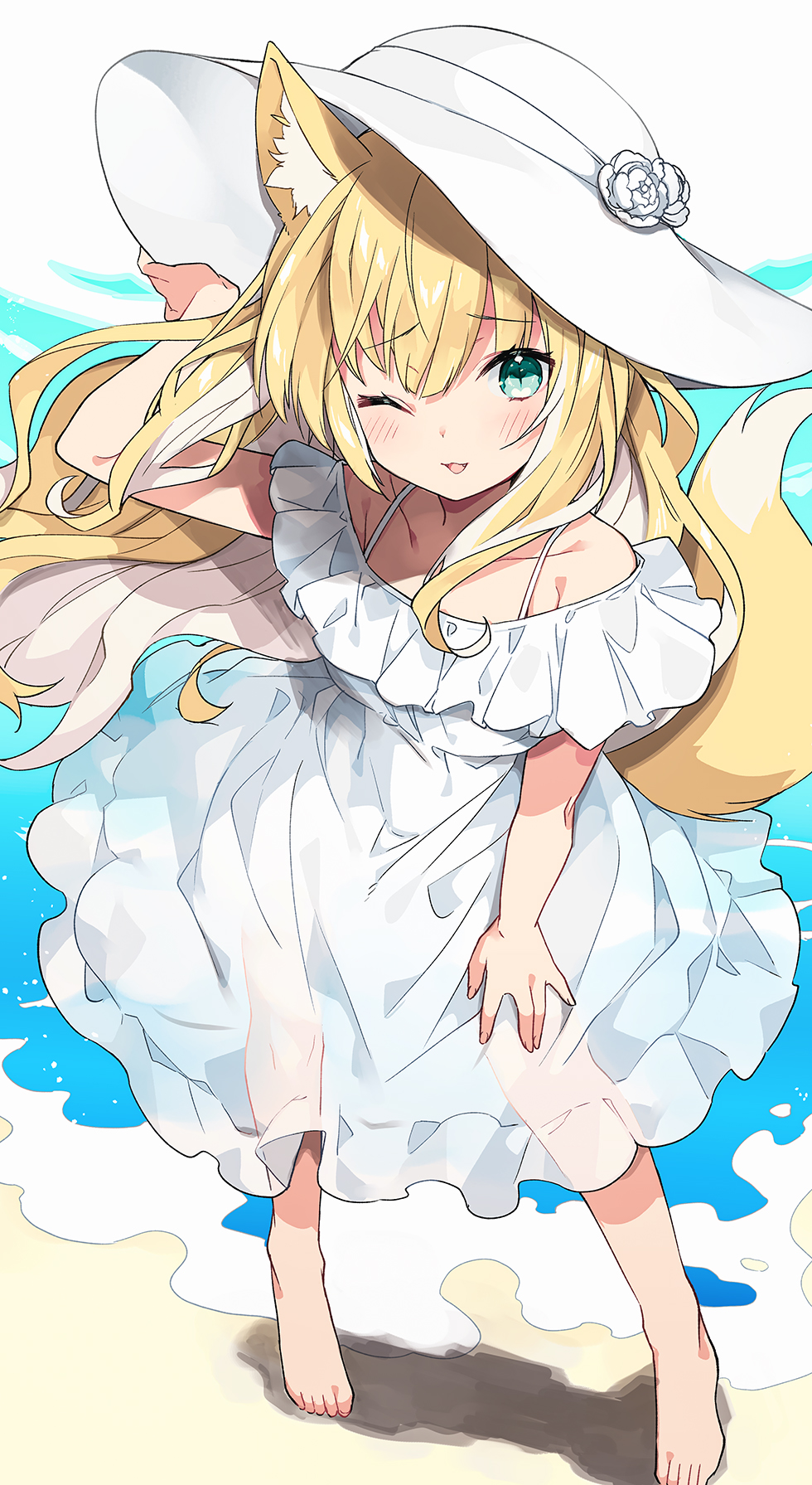 Safebooru - 1girl :3 animal ear fluff animal ears bangs barefoot beach blonde hair blush ...
