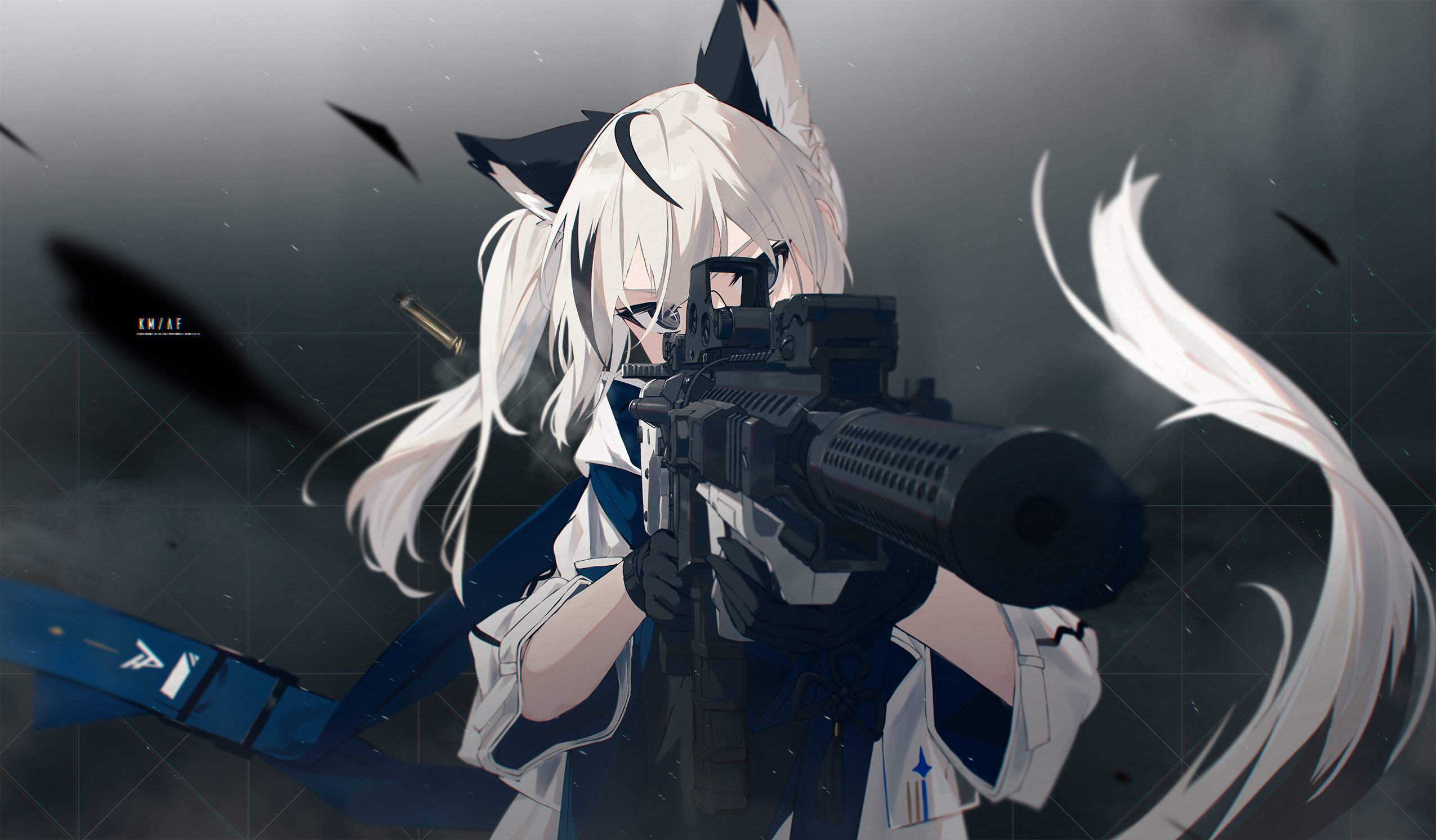 Safebooru - 1girl ahoge aiming aiming at viewer animal ear fluff animal ears ar-15 bangs black ...