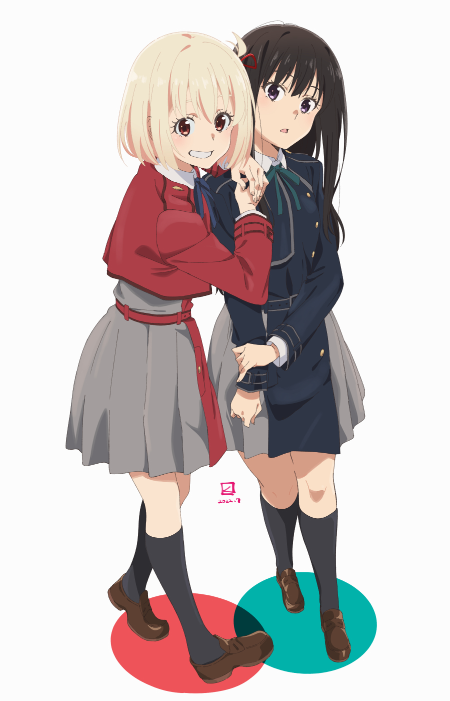 Safebooru - 2girls bangs belt black belt black hair black socks blonde hair blue dress blue ...