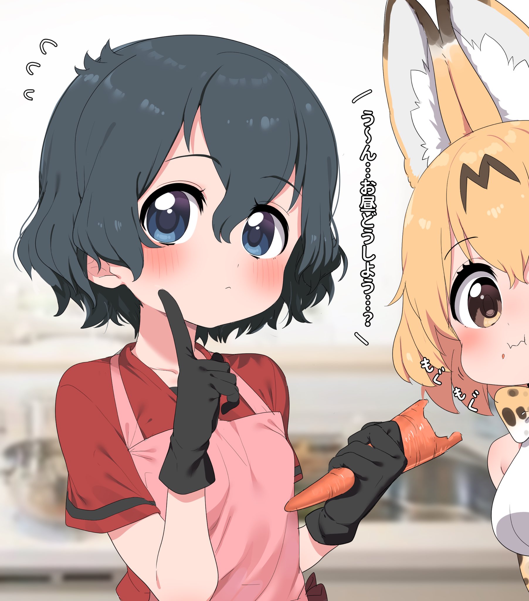 Safebooru - 2girls animal ears apron bare shoulders bite mark black gloves black hair blonde ...