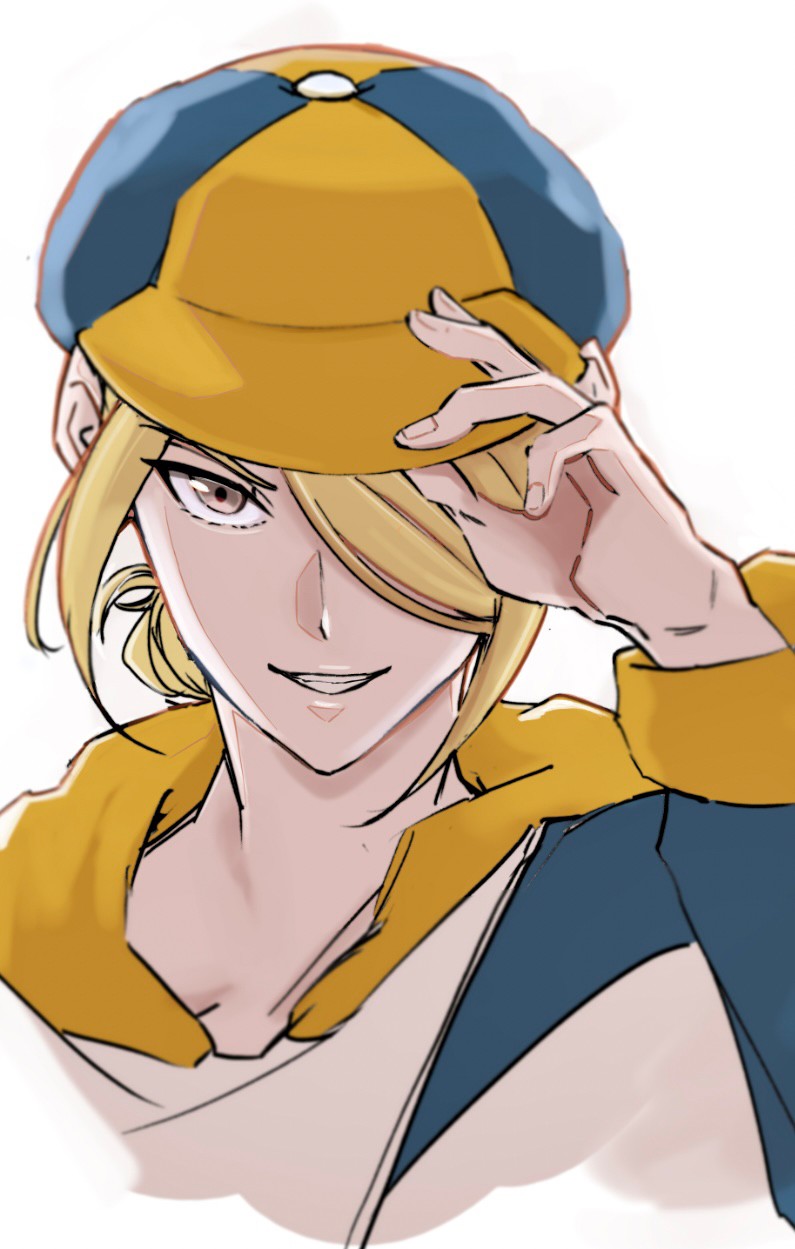 Safebooru - 1boy bangs blonde hair brown eyes commentary request grin ...