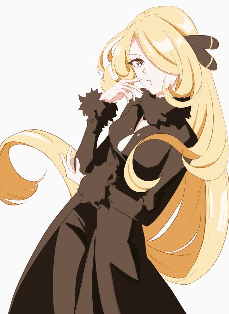 Safebooru - 1girl blonde hair breasts coat commentary request cynthia (pokemon) fur-trimmed coat ...