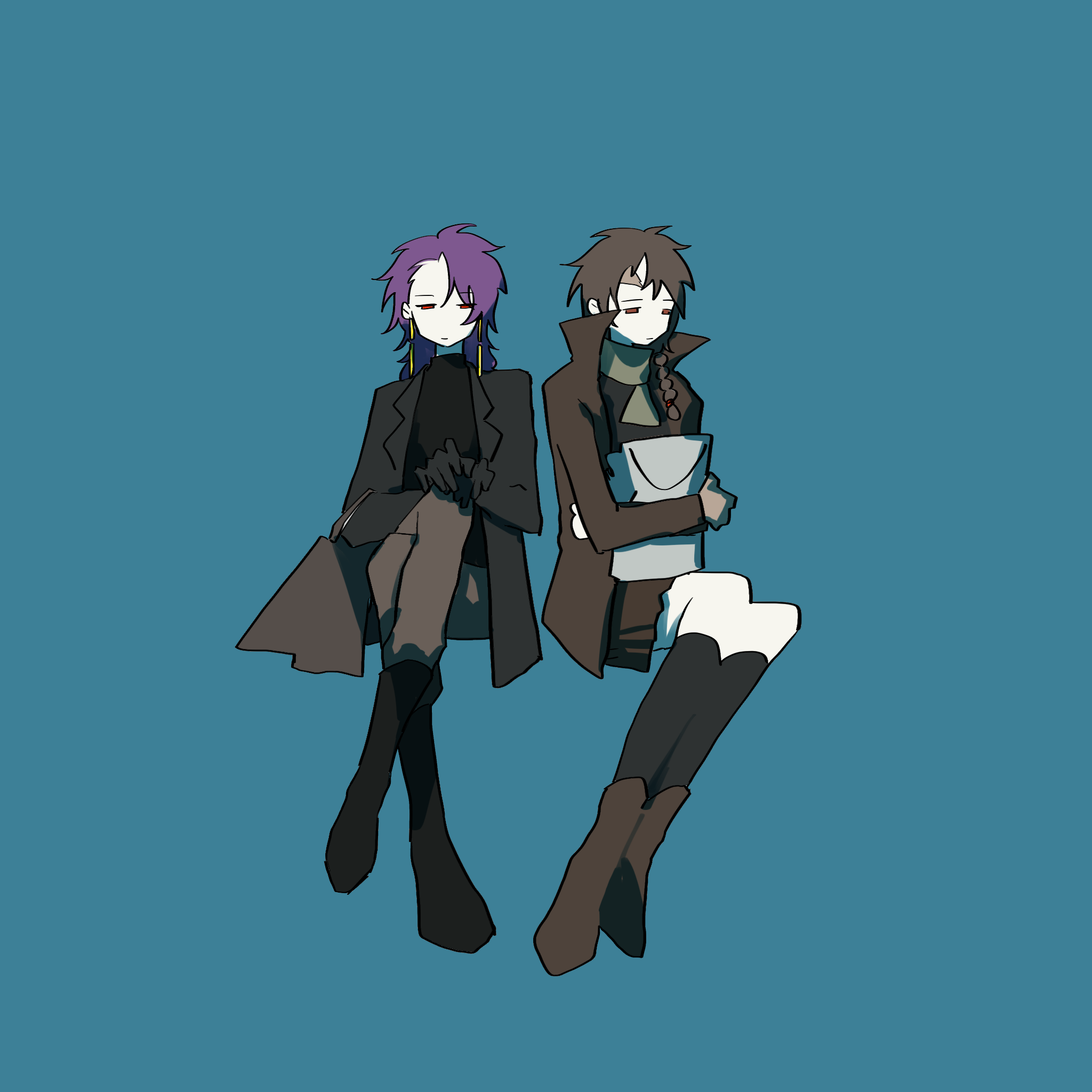 Safebooru - 2girls bag black coat black footwear black socks black sweater blue background boots ...