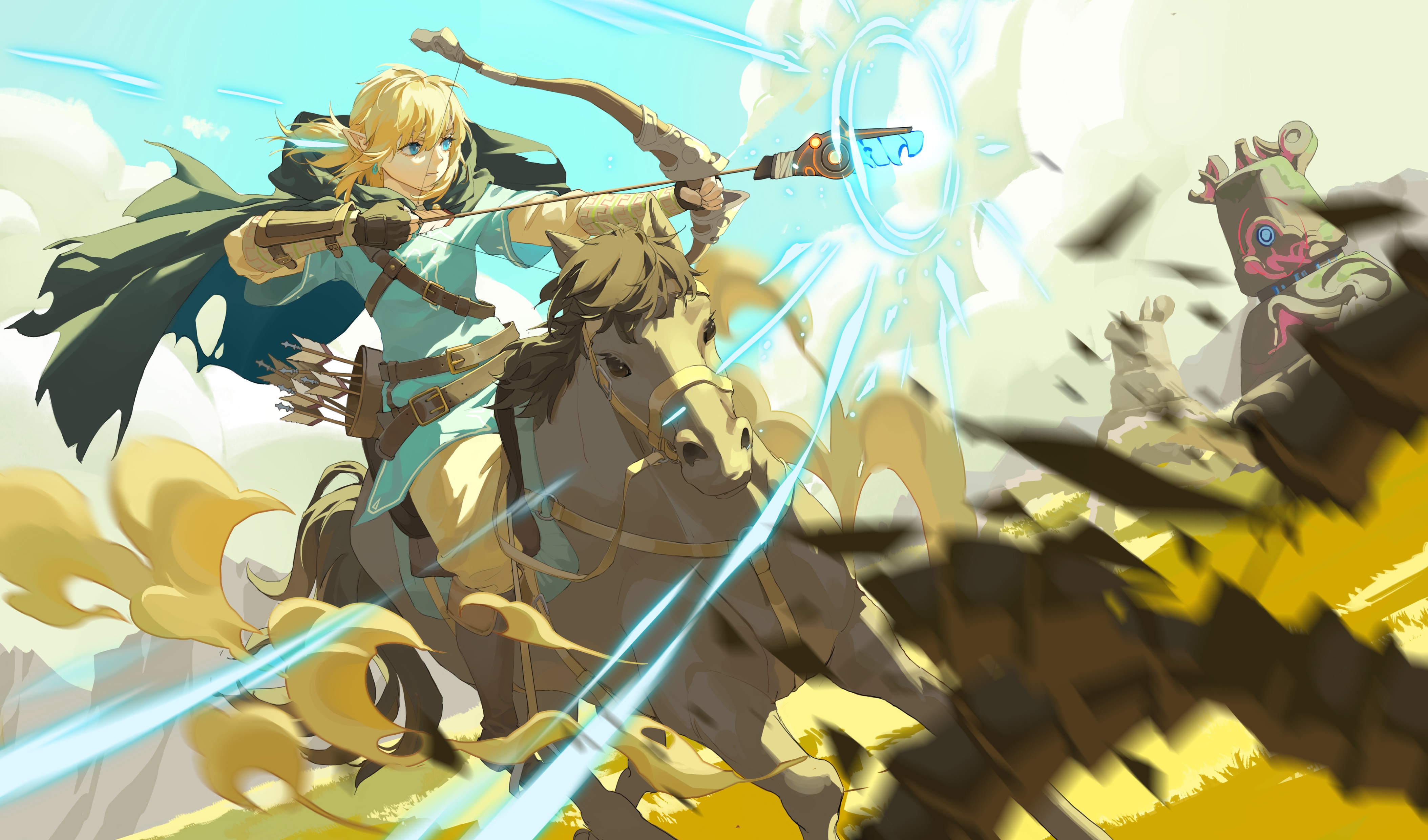 Safebooru - 1boy absurdres aiming animal arm guards arrow (projectile) bangs battle black gloves ...