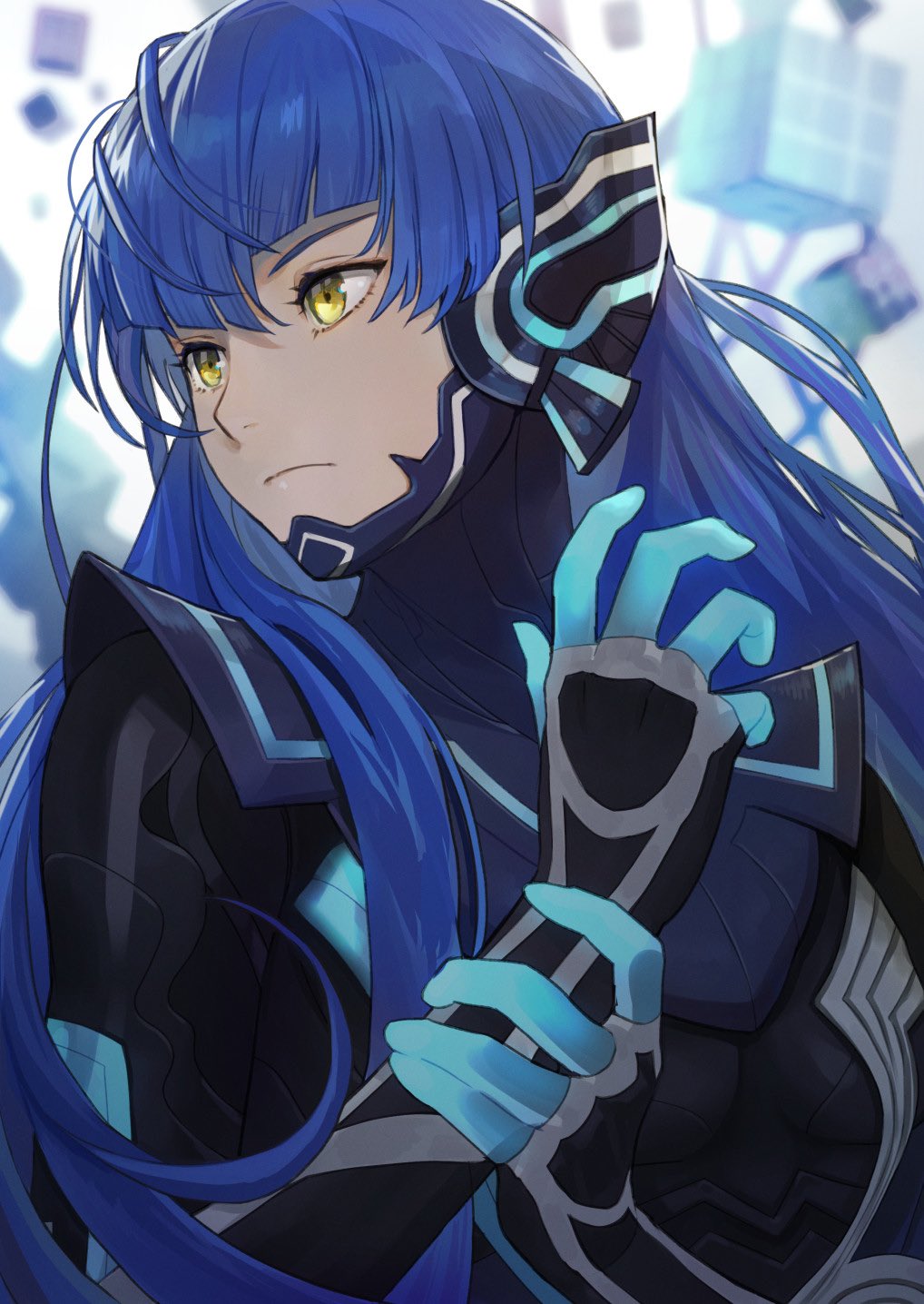 Safebooru - 1boy androgynous armor asymmetrical hair bangs blue hair ...