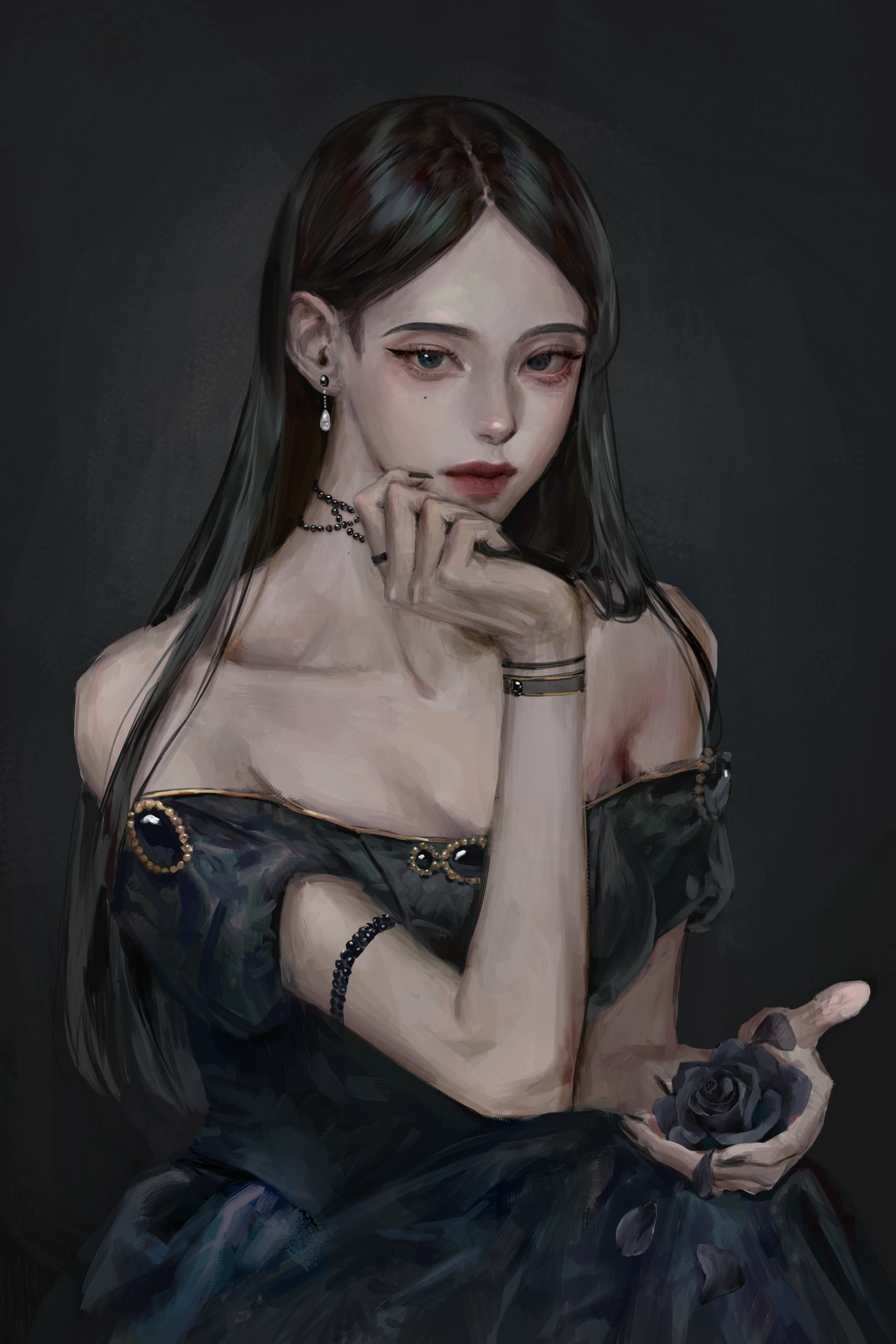 Safebooru - 1girl absurdres ateli er black dress black eyes black flower black gemstone black ...