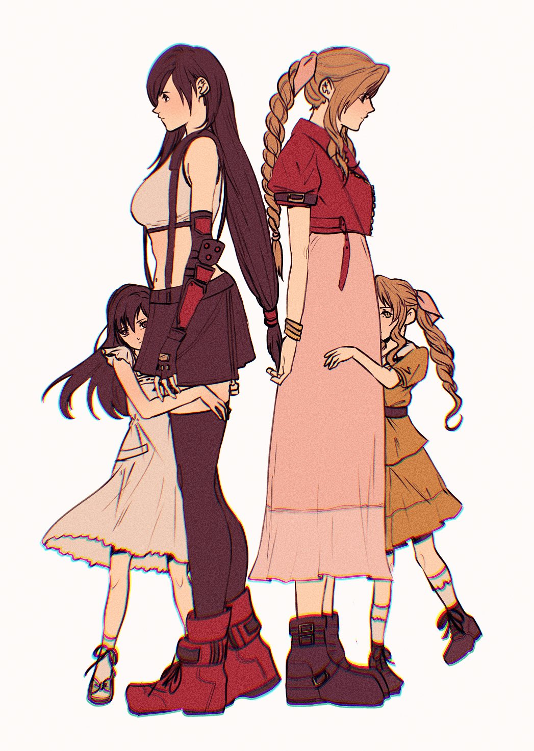 Safebooru - 4girls aerith gainsborough arm around leg asymmetrical bangs bangle bangs bare ...