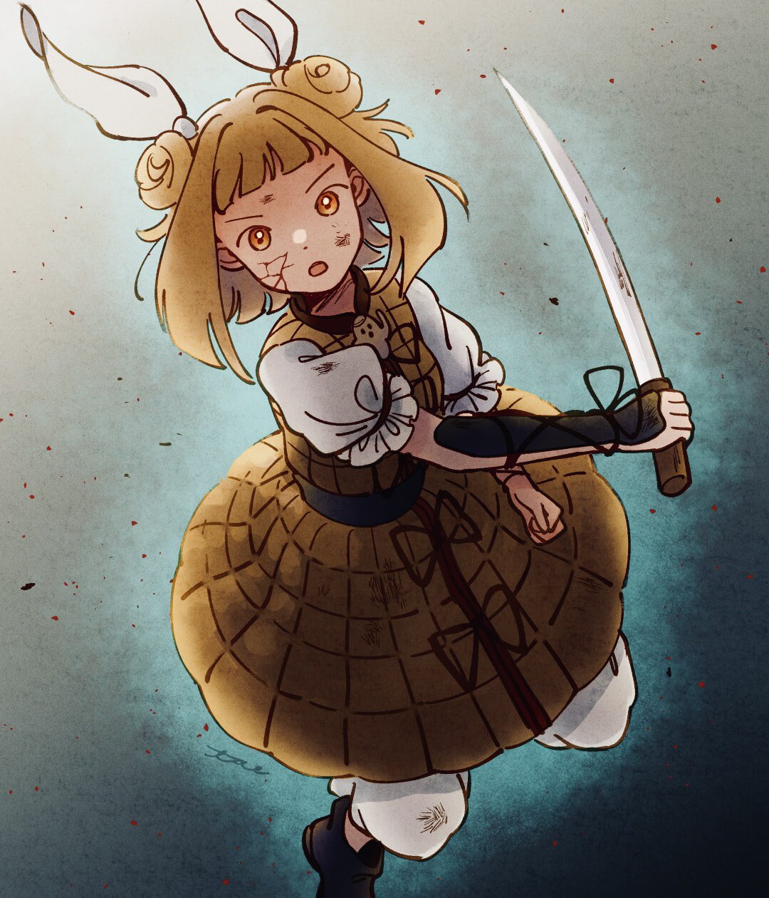 Safebooru - 1girl arm guards armor armored dress battle blonde hair blue footwear double bun ...