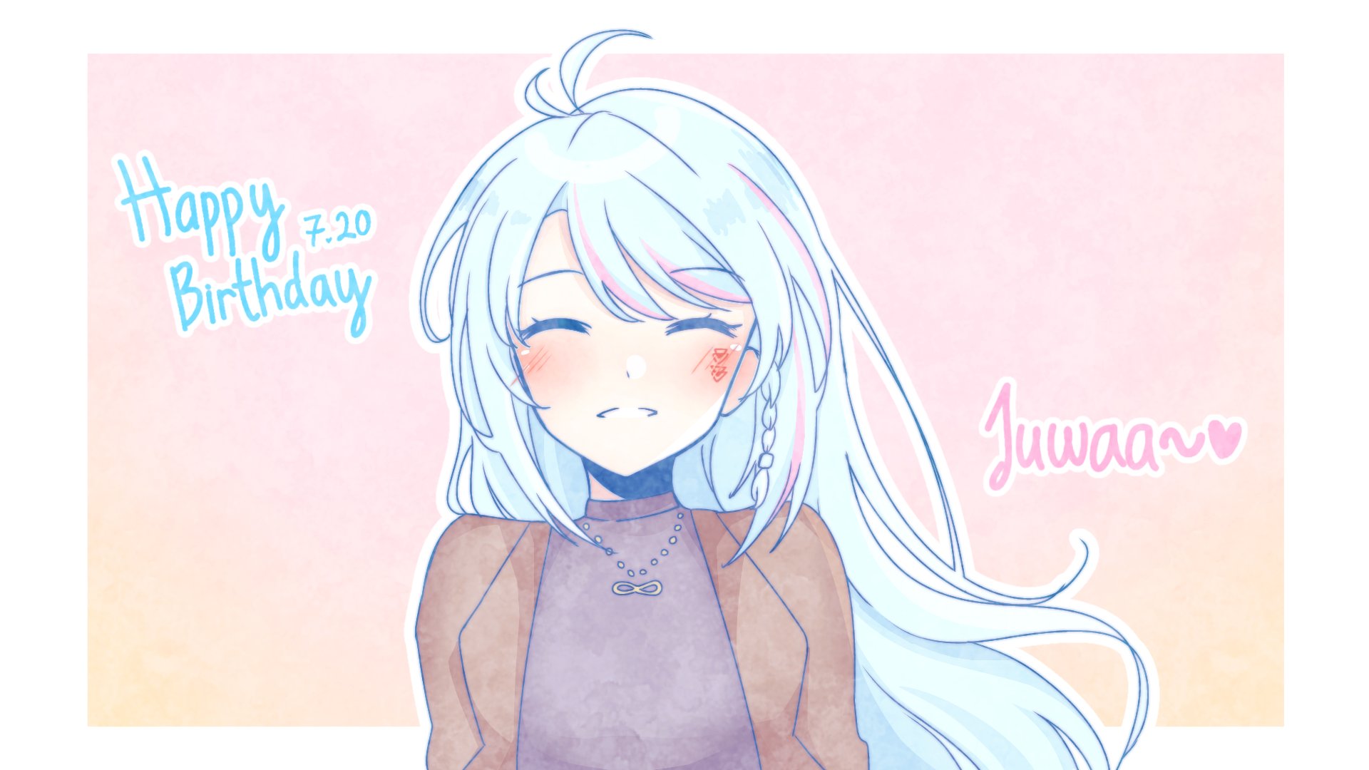 Safebooru - 1girl azura cecillia black sweater blue hair blush brown jacket dated english ...