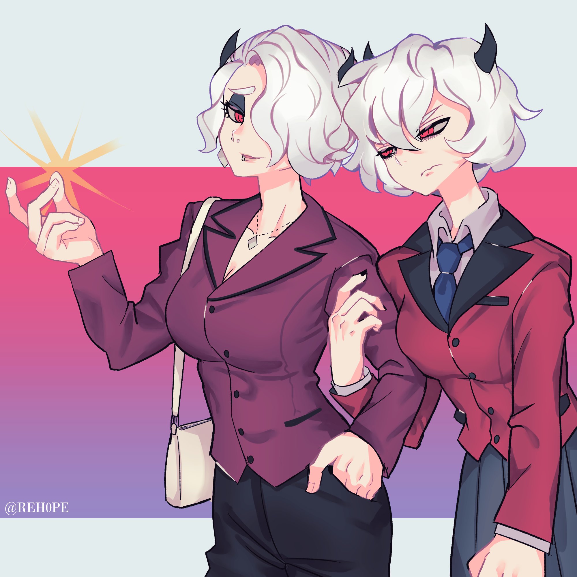 Safebooru - 2girls black horns black pants blue necktie demon girl ...