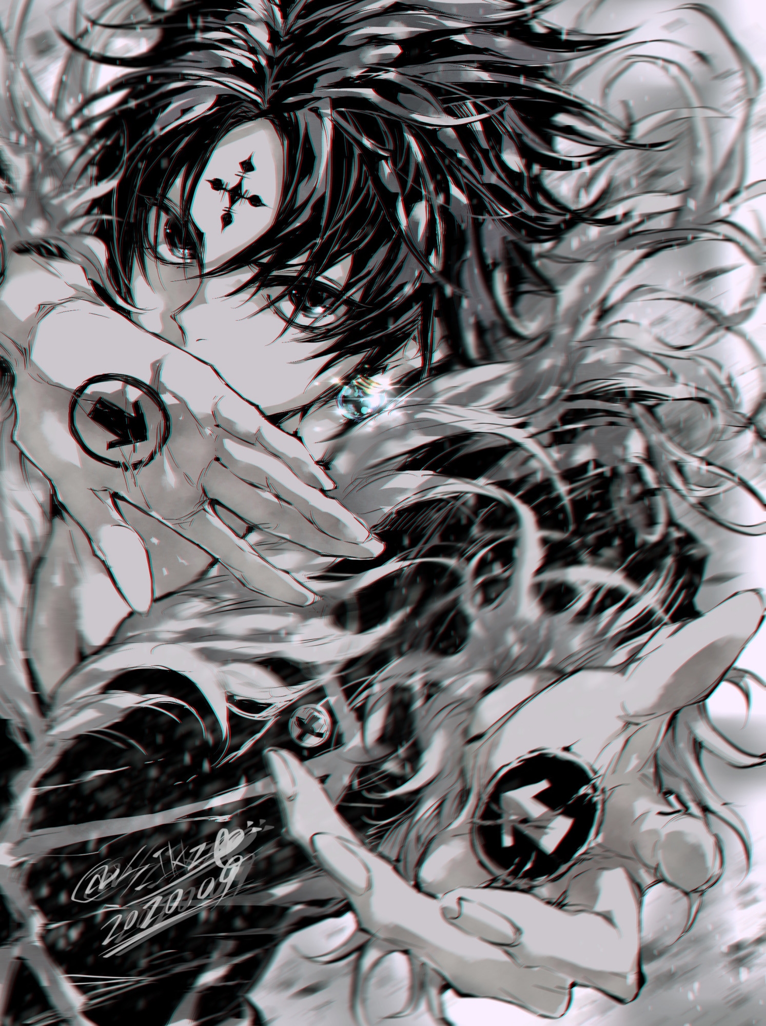 Safebooru - 1boy arrow (symbol) bangs blue eyes buttons chrollo ...