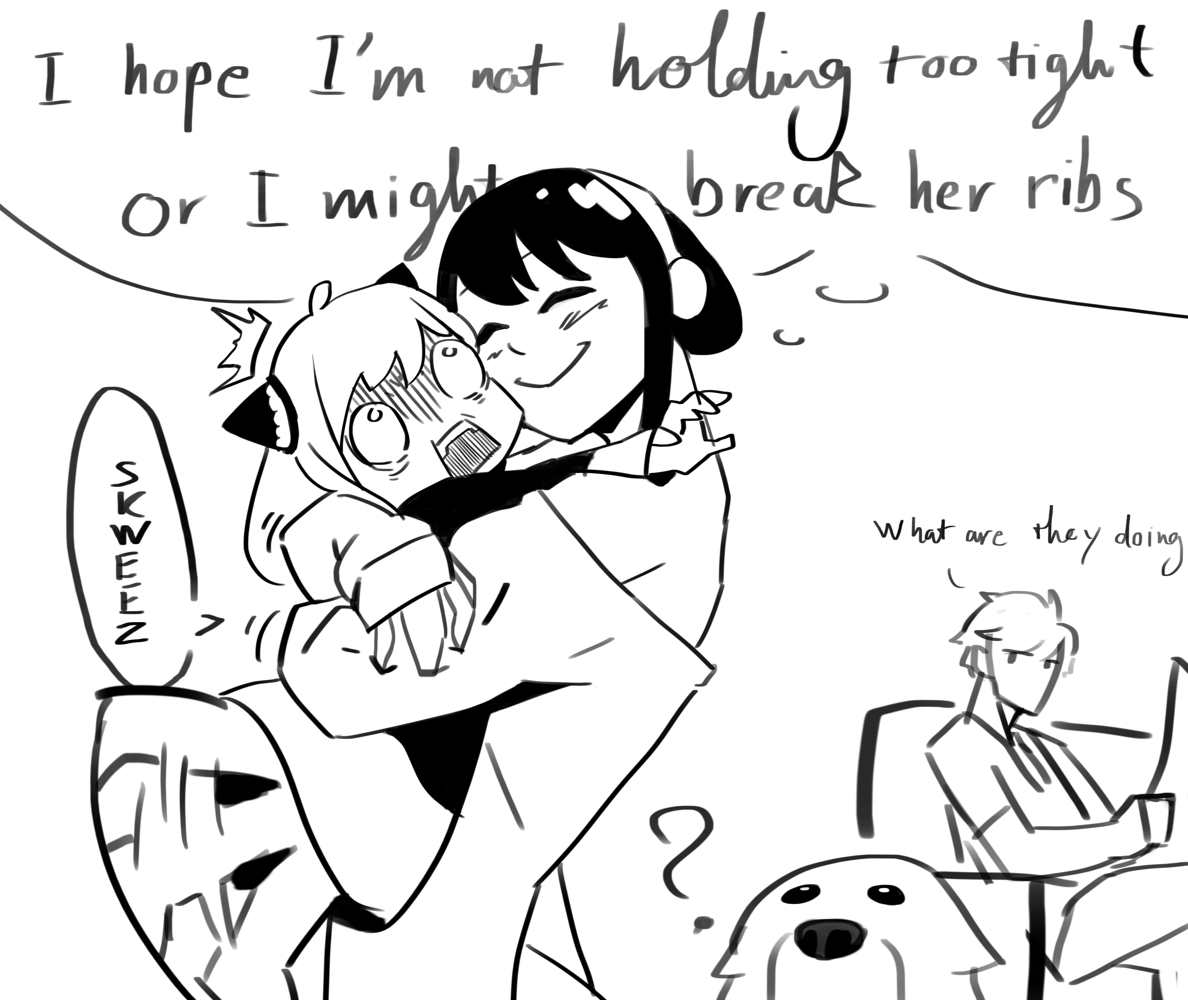 Safebooru - 1boy 2girls ? absurdres anya (spy x family) bond (spy x family) cheek-to-cheek cone ...