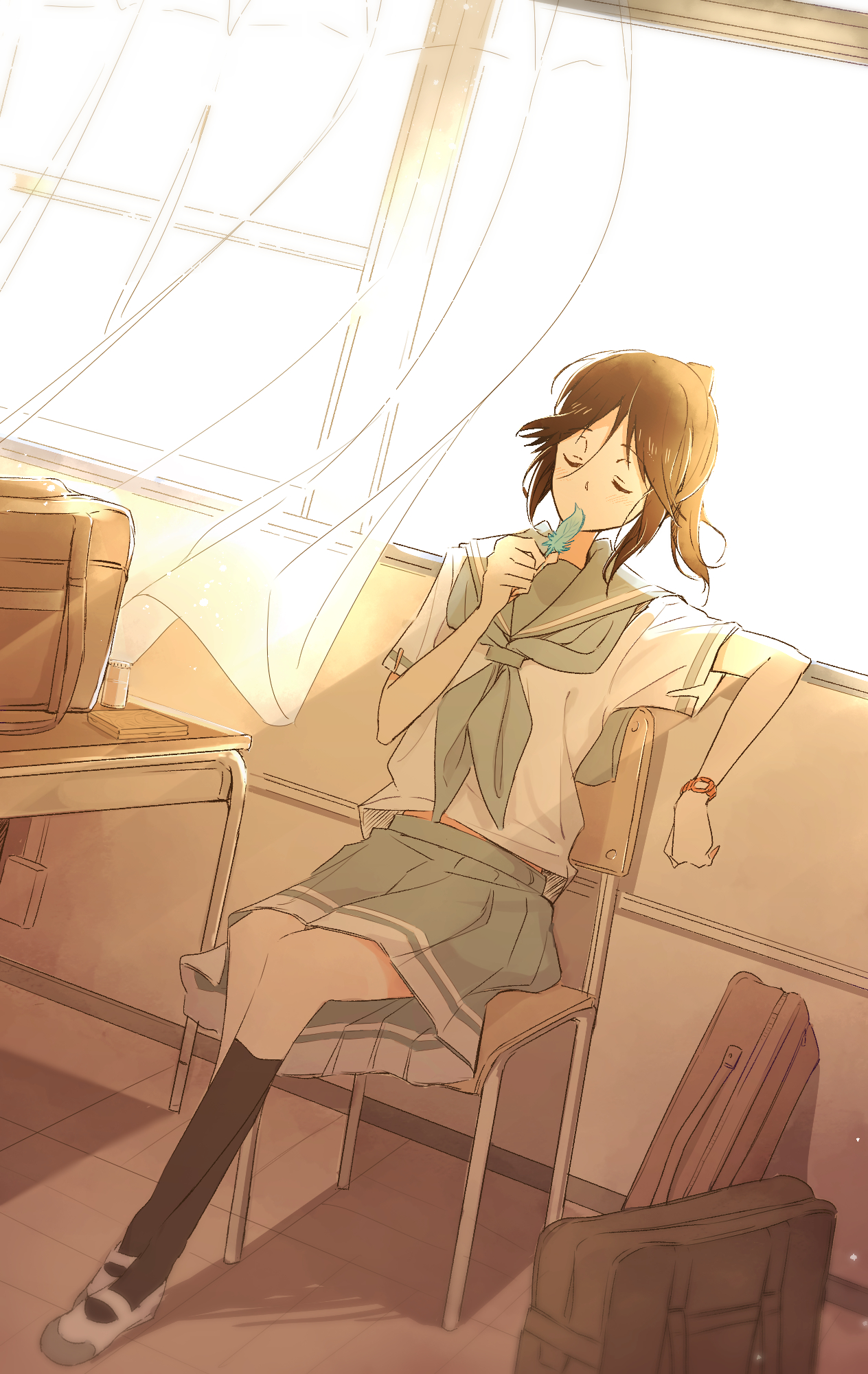 Safebooru - 1girl bag black bag black hair black socks blue feathers blue neckerchief blue ...