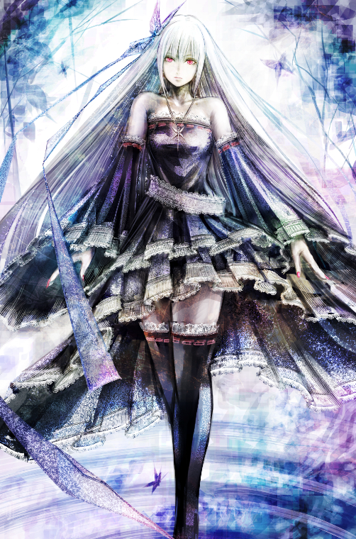 Safebooru - 1girl bangs black thighhighs closed mouth collarbone detached sleeves dress floating ...