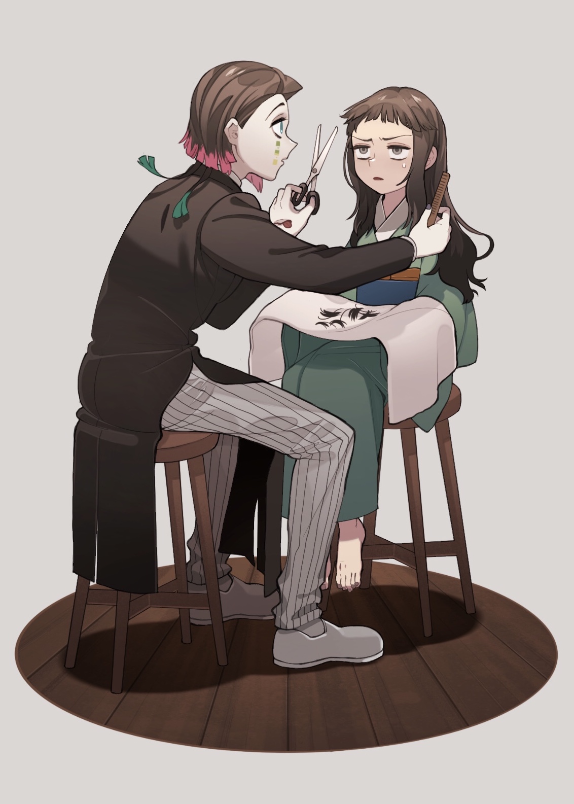 Safebooru - 1boy 1girl alternate hairstyle bags under eyes barefoot black coat black hair black ...