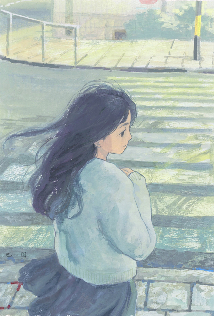 Safebooru - 1girl black eyes black hair black skirt blurry blurry background crosswalk long hair ...