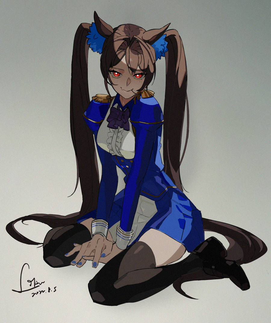 Safebooru - 1girl animal ears black footwear blue nails bow bright pupils brown hair brown ...