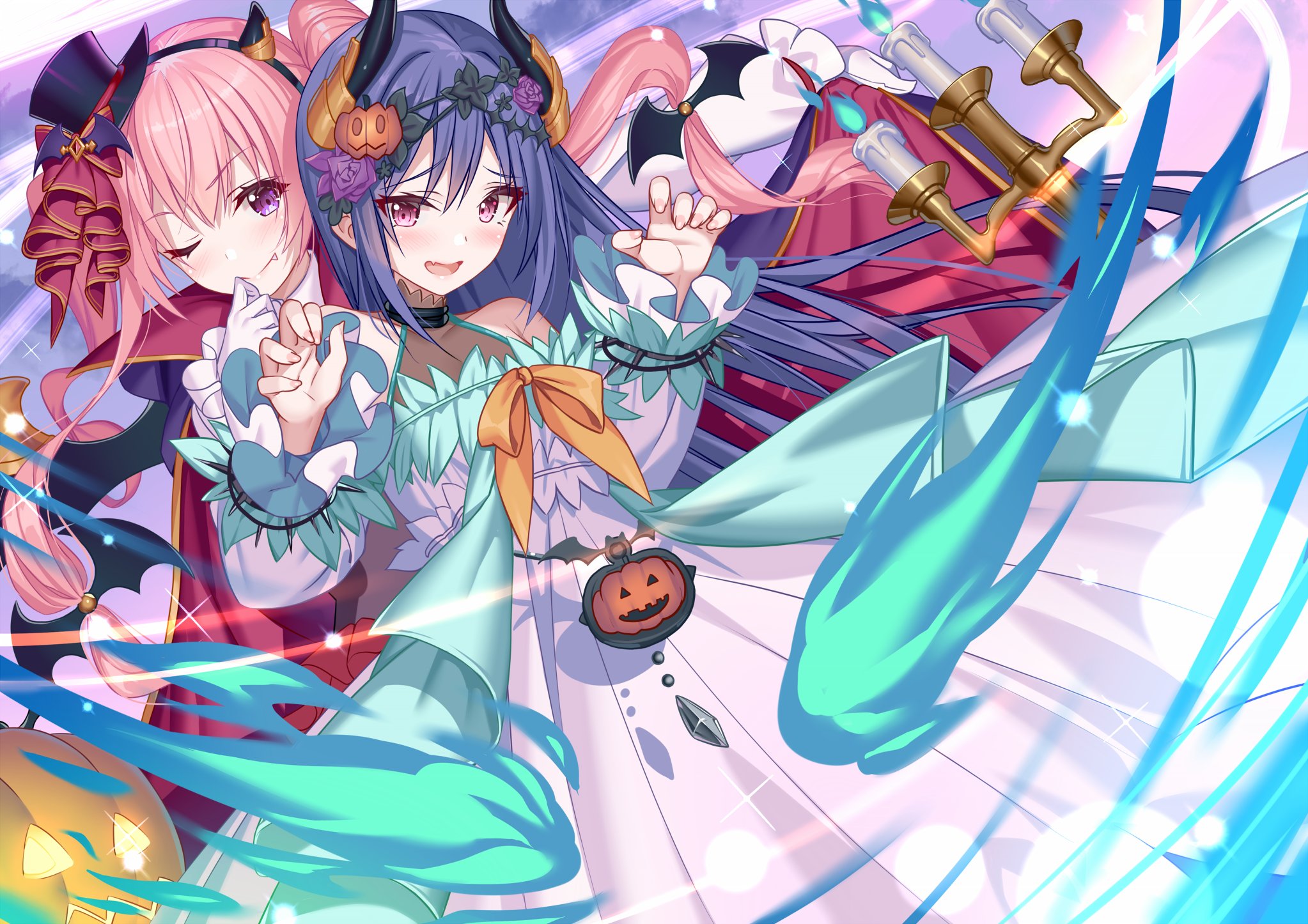Safebooru - 2girls ;) akusema blue hair blush candle cape demon girl ...