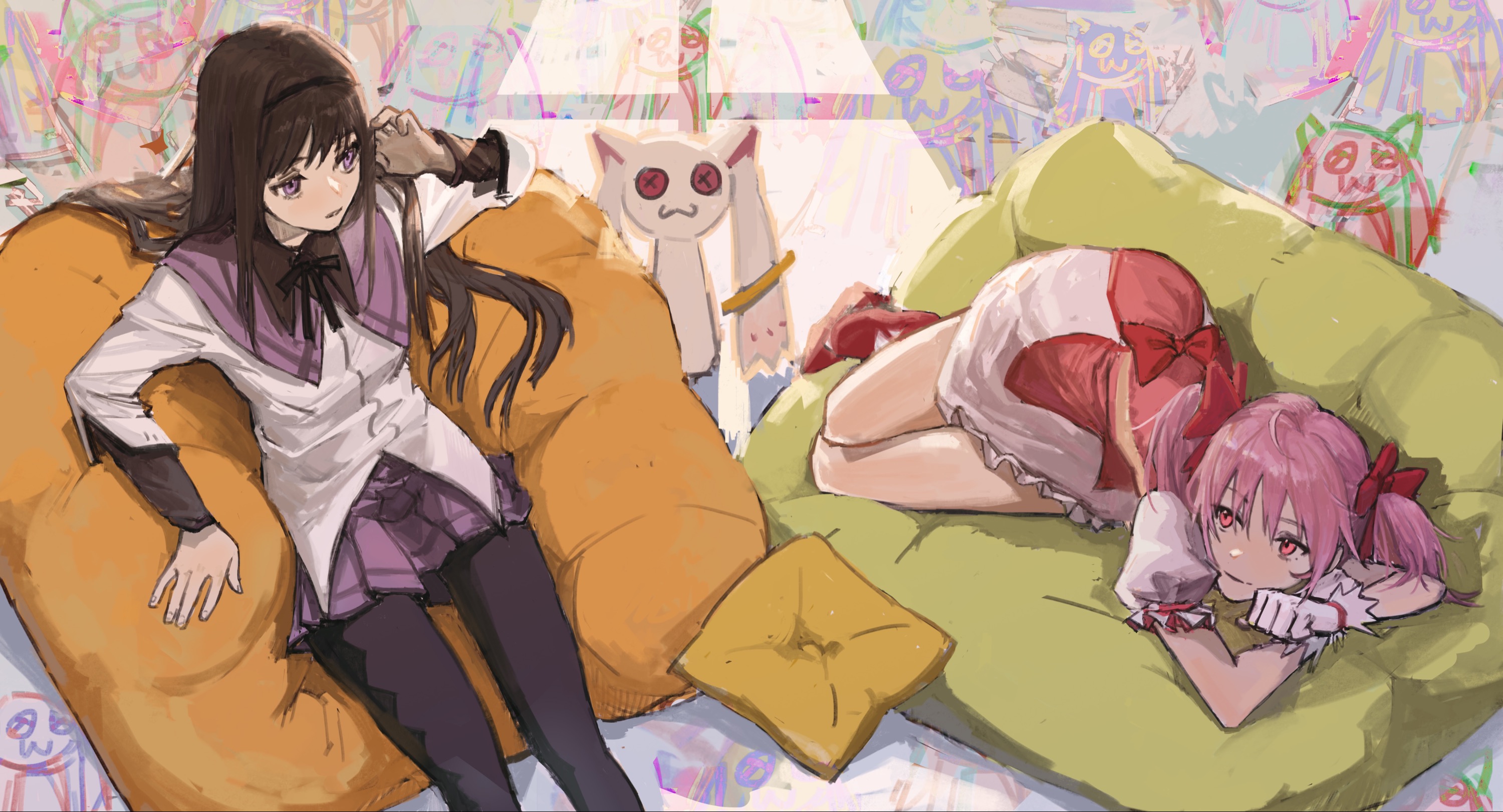 Safebooru - 2girls abstract background ahoge akemi homura argyle argyle legwear bangs black hair ...