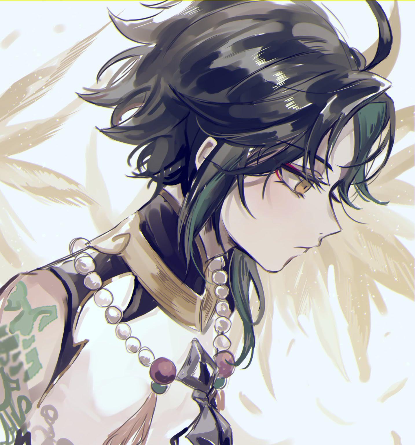 Safebooru - 1boy arm tattoo bead necklace beads black hair closed mouth eyelashes eyeshadow ...