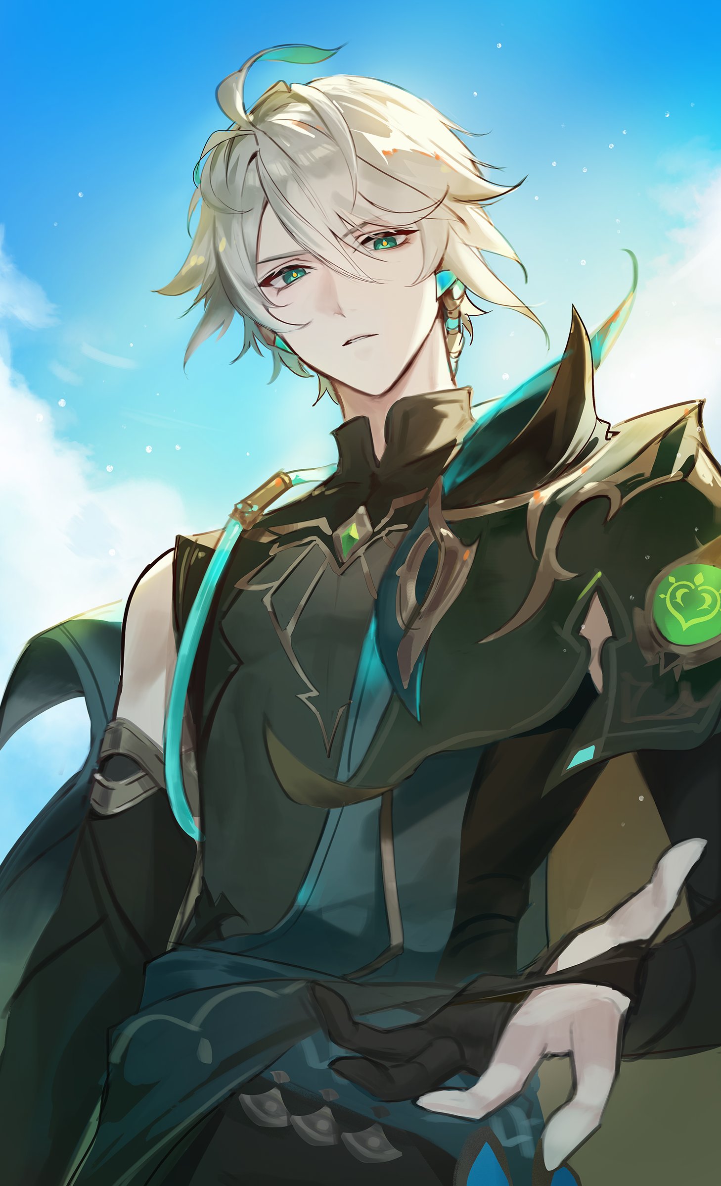 Safebooru - 0jae 1boy al-haitham (genshin impact) aqua eyes bangs black gloves clouds day ...