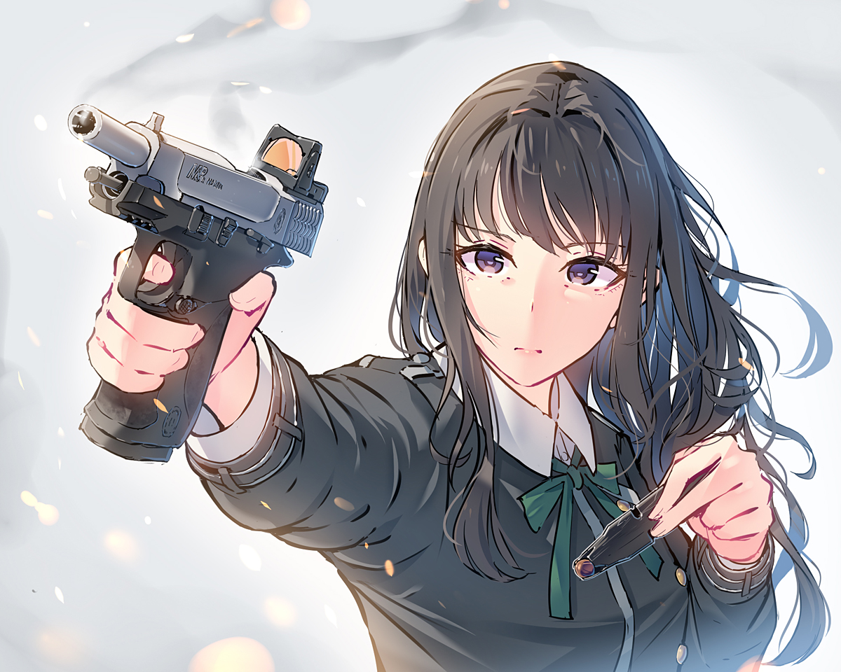 Safebooru - black hair daito firing gun handgun holding holding gun ...