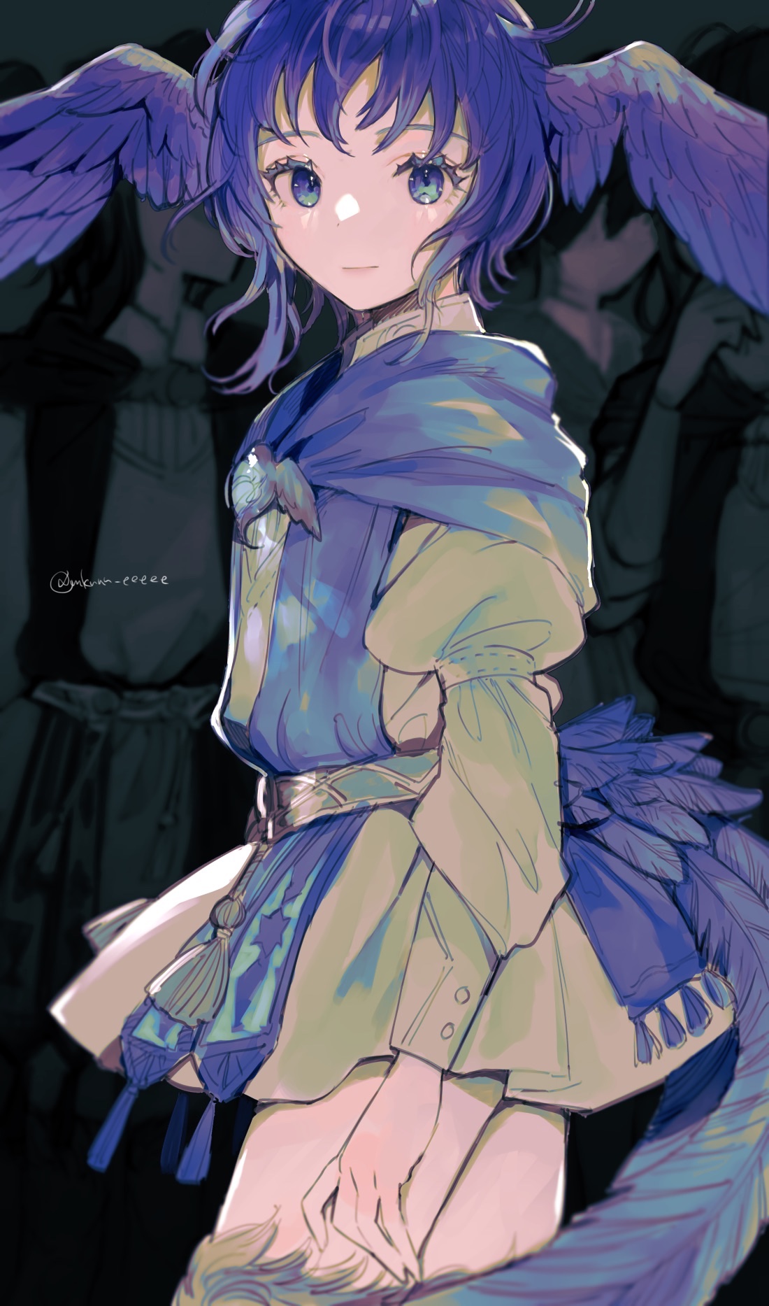 Safebooru - 1girl arm at side bangs bird girl bird legs bird tail bird wings blue capelet blue ...